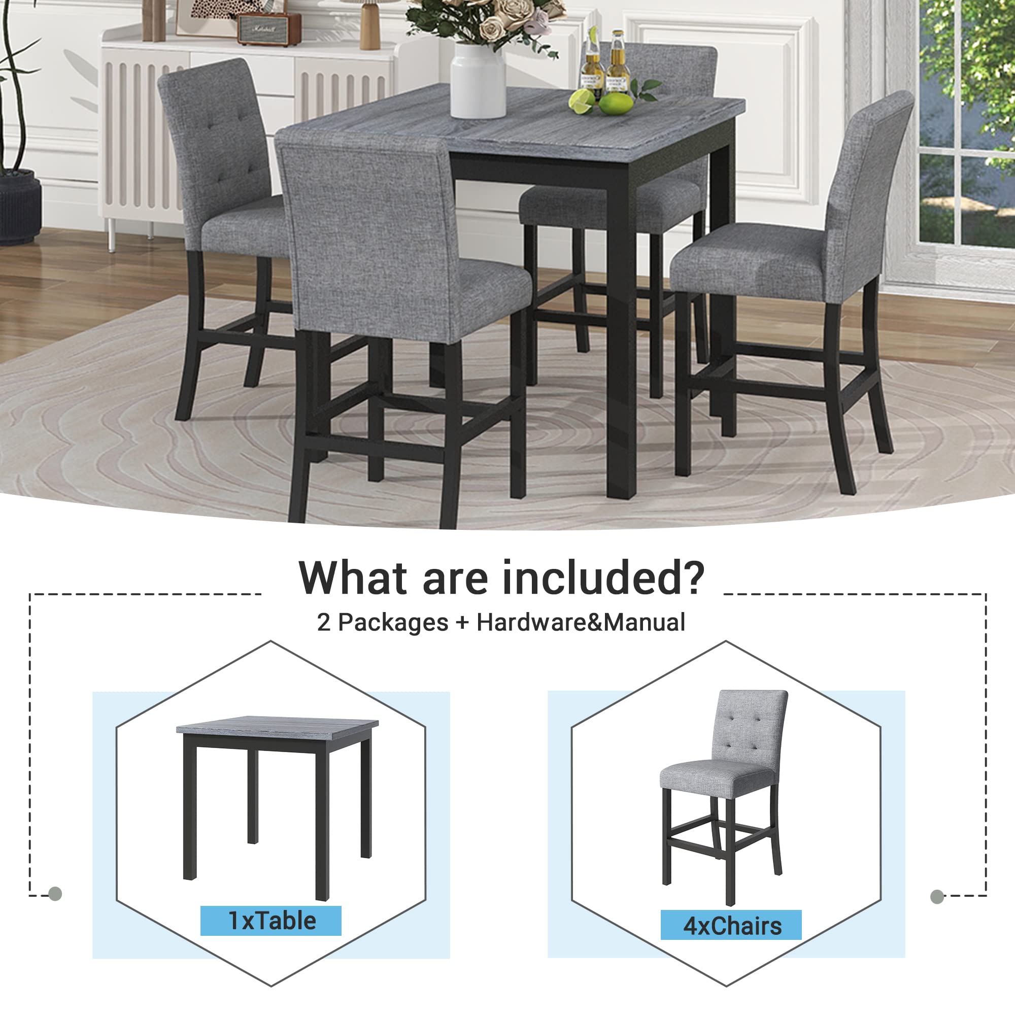 Voohek 5-Piece Rectangular Dining Table Set with 4 X-Back & Rounded Corners Chairs, Solid Wood Kitchen Furniture w/Anti-Slipping Protectors, for Small Spaces, Black+Cherry
