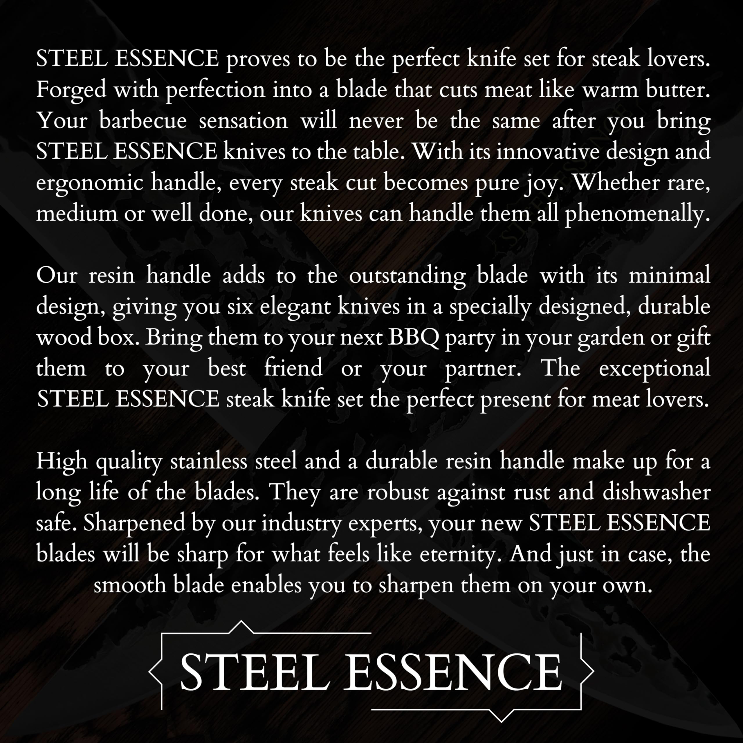 STEEL ESSENCE Premium Steak Knives Set of 6 with Unique Black Pattern - Gift Set | Stainless Steel Steak Knife Set