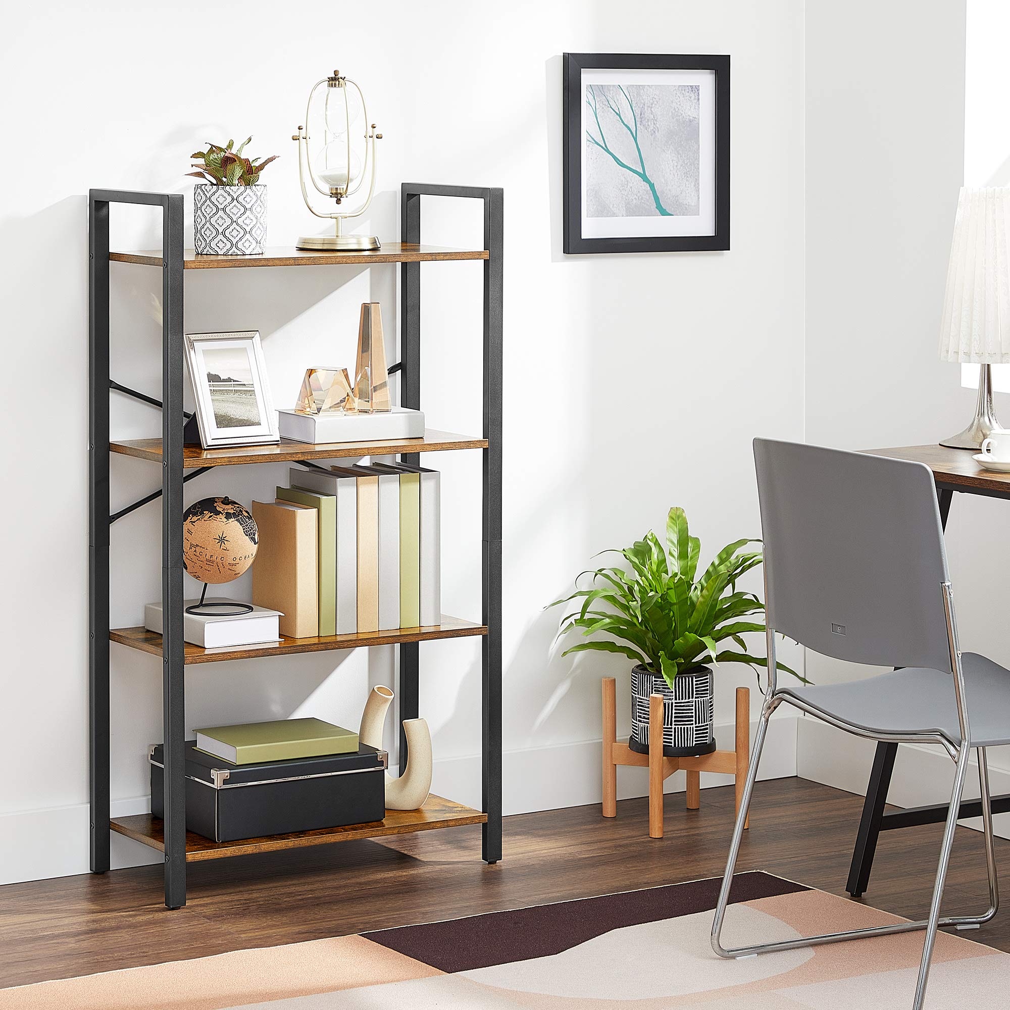 VASAGLE Computer Desk and Bookshelf Bundle, L-Shaped Computer Desk and 4-Tier Bookcase with Steel Frame, for Home Office, Industrial, Rustic Brown and Black ULWD72X and ULLS60BX