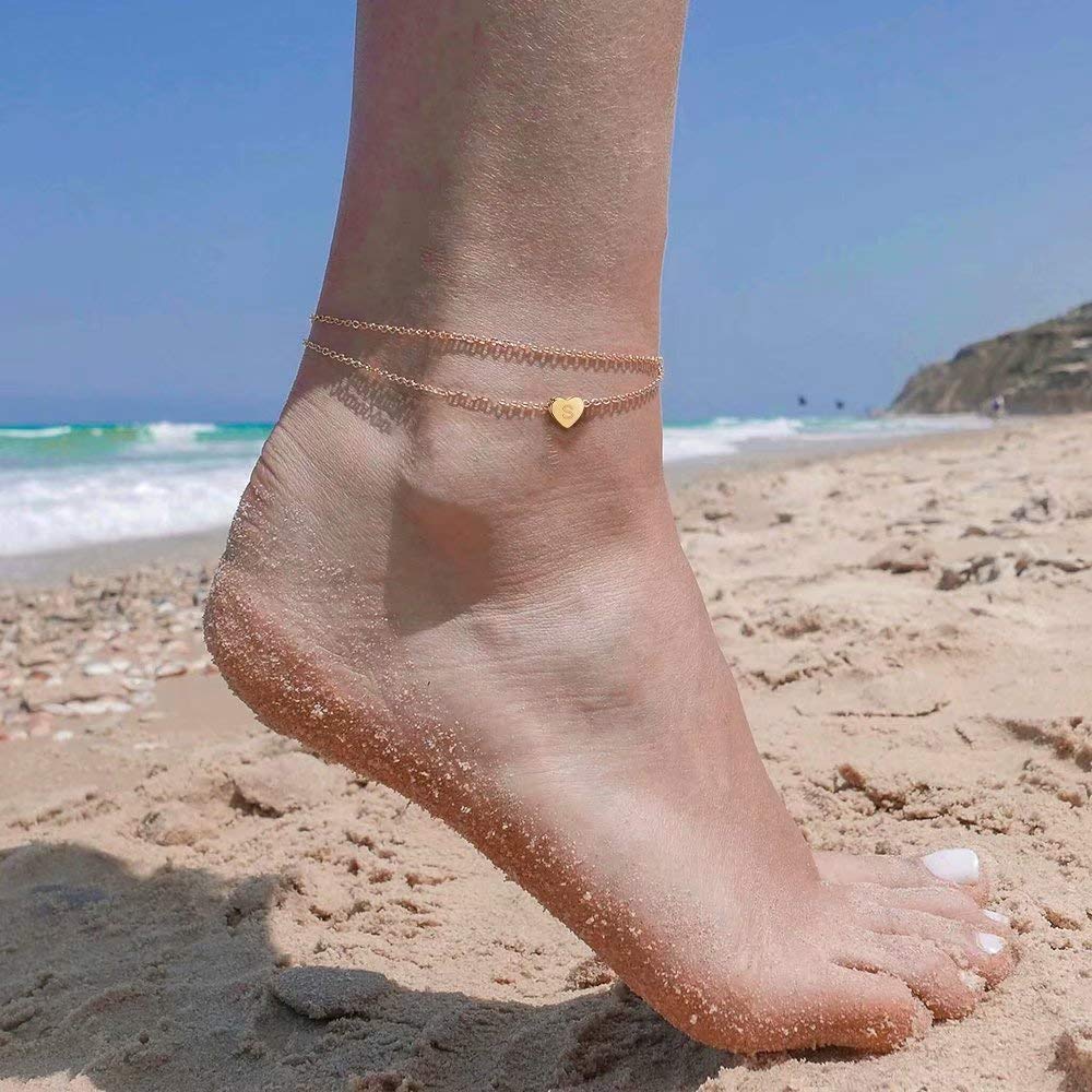 Turandoss Heart Initial Anklet Bracelet for Women, 14K Gold Filled Layered Ankle Bracelet Summer Boho Beach Minimalist Initial Anklet for Women Anklet With Initials A