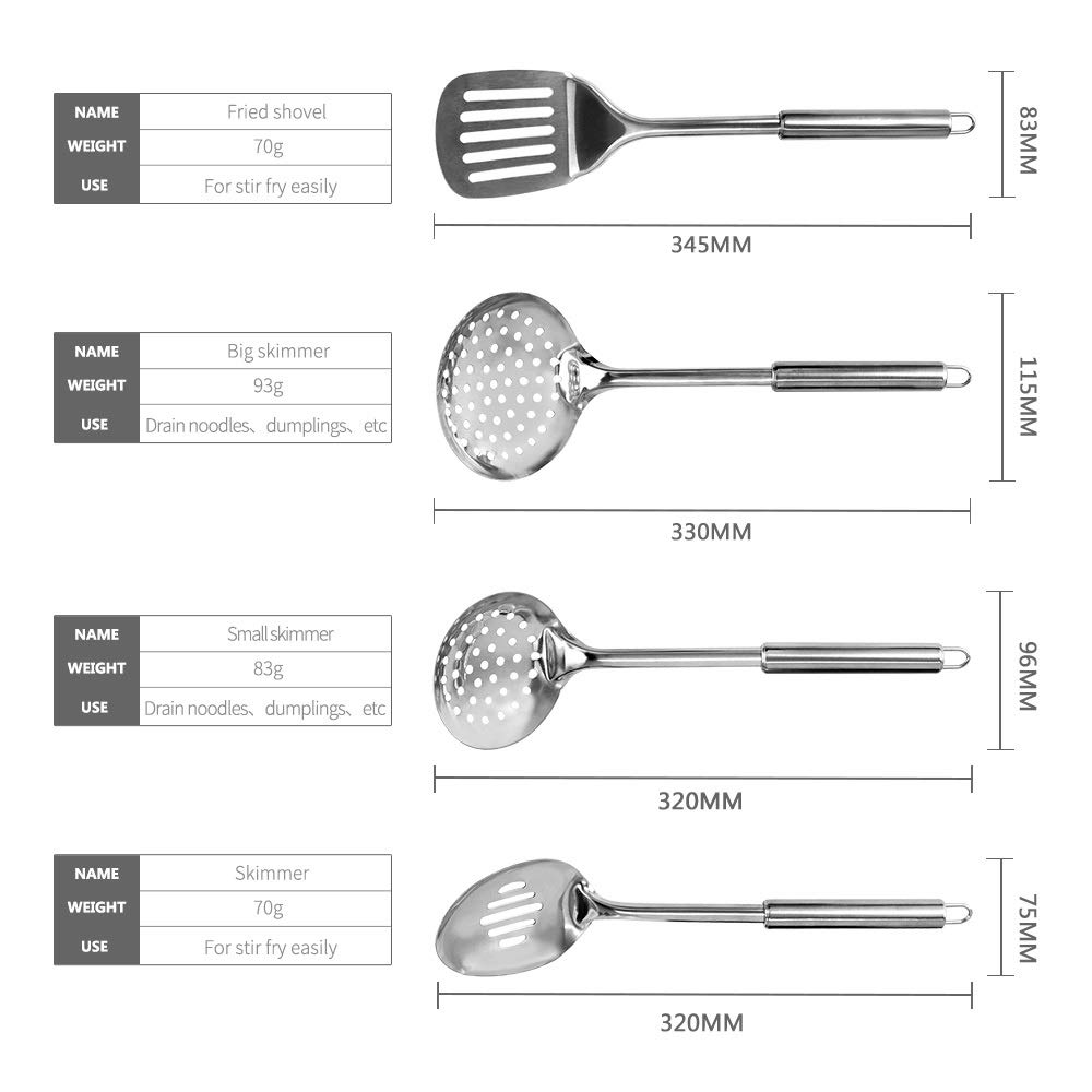 WUDILU 13 Pcs Stainless Steel Kitchen Utensils Spoon Skimmer Shovel Spatula Meat Fork Whisk Cooking Utensils Tableware