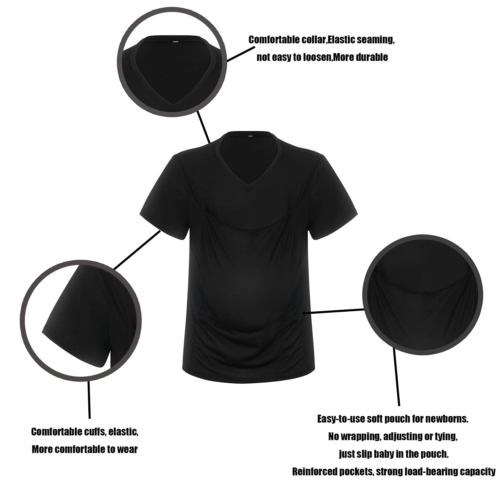 WW Kangaroo Dad T-Shirts Short Sleeve Baby Carrier Big Pocket Baby Care Nursing Blouse Black,L