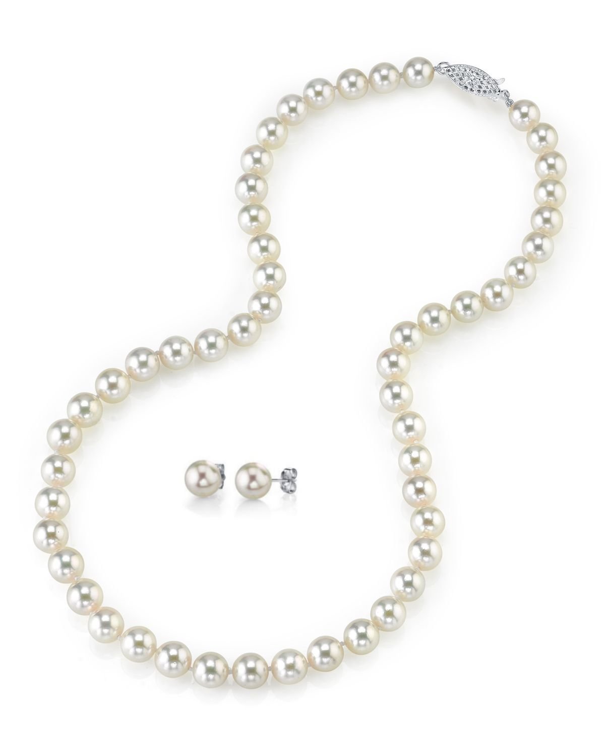 The Pearl Source 14K Gold 7.5-8mm AAA Quality Round White Akoya Cultured Pearl Necklace & Earrings Set in 18" Princess Length for Women