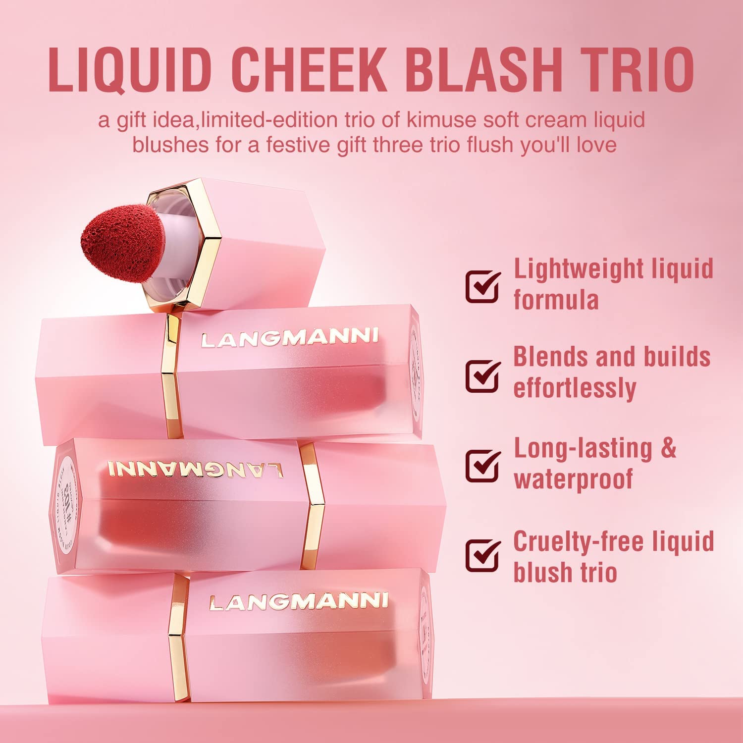 TOSOUATOP Liquid Blush, Soft Cream Blush Makeup with Cushion Applicator for cheeks, Natural Glossy, Improve Complexion, Long-Wearing, Blush Makeup for Face, Eyes and Lips, 01#Lucky Pink