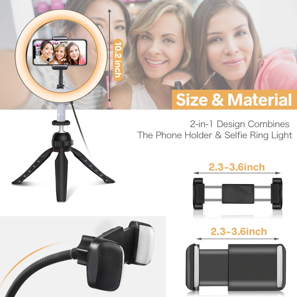 UBeesize 10" LED Ring Light with Tripod Stand & Phone Holder, Dimmable Desk Makeup Ring Light, Perfect for Live Streaming, YouTube Videos, and Photography, 3 Light Modes and 11 Brightness Levels
