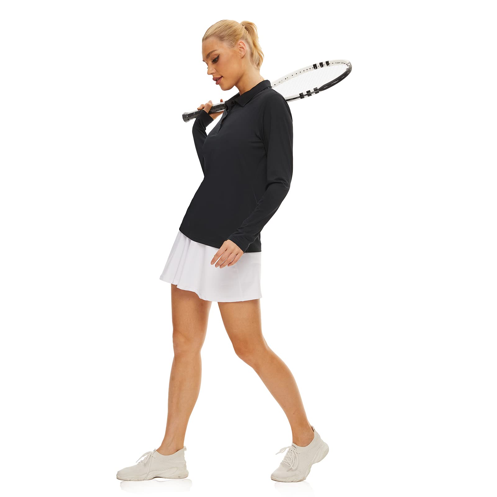 Women's Golf Shirt Long Sleeve Polo Shirt UPF50+ Sun Protection Moisture Wicking Quick Dry Golf Polo Shirt(Black,S