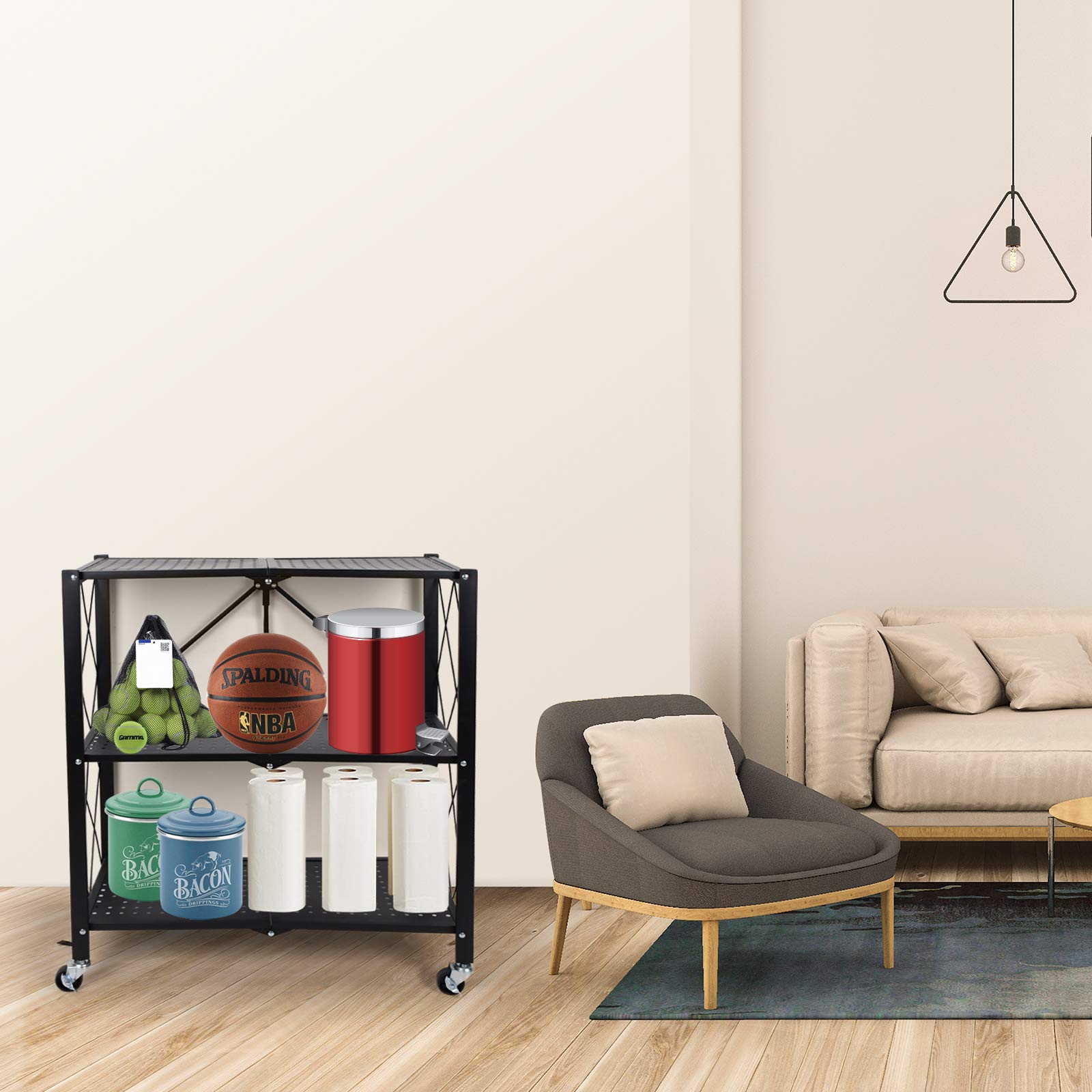 YSSOA 3-Tier Foldable Metal Shelves Heavy Duty Storage Shelving Unit with Wheels, Organizer Shelves for Garage Kitchen, Black