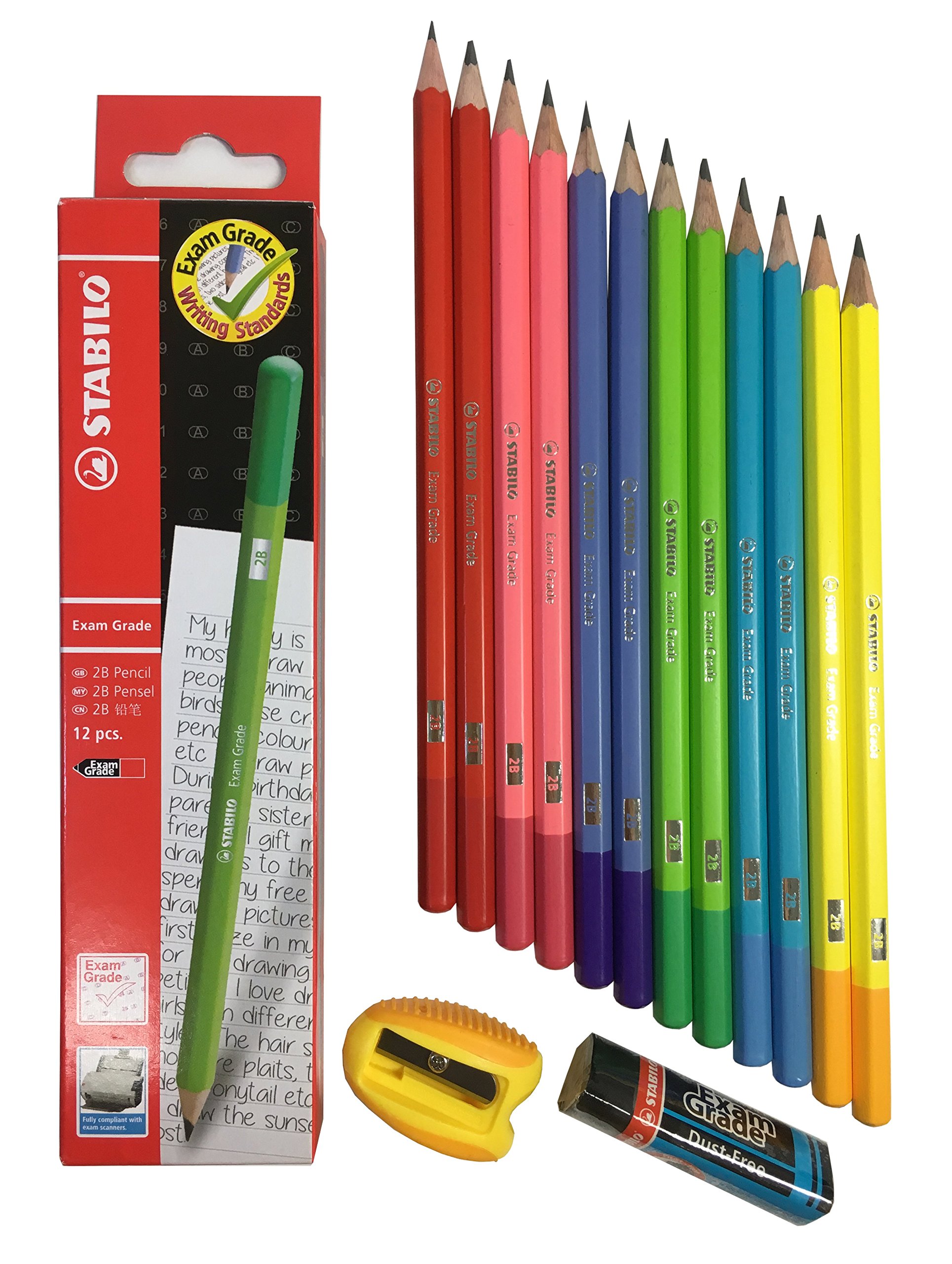 Stabilo Exam Grade 2B Graphite Pre-Sharpened Wood Pencils (Box of 12) + 1 FREE Stabilo Triangular Exam Grade Dust Free Eraser + 1 FREE Stabilo Sharpener (Assorted colors)