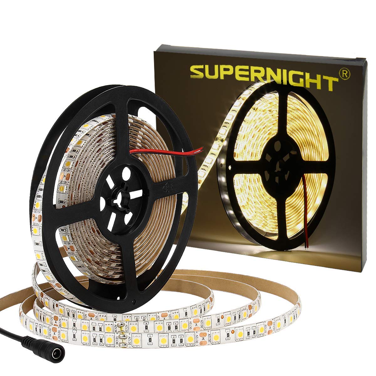 SUPERNIGHT LED Light Strip Warm White, 4000K Temperature, IP65 Waterproof 16.4ft 300leds SMD 5050 Rope Lights LED Light Strip Dimmer, DC 12V-24V 30A PWM Dimming Controller for Dimmer Knob