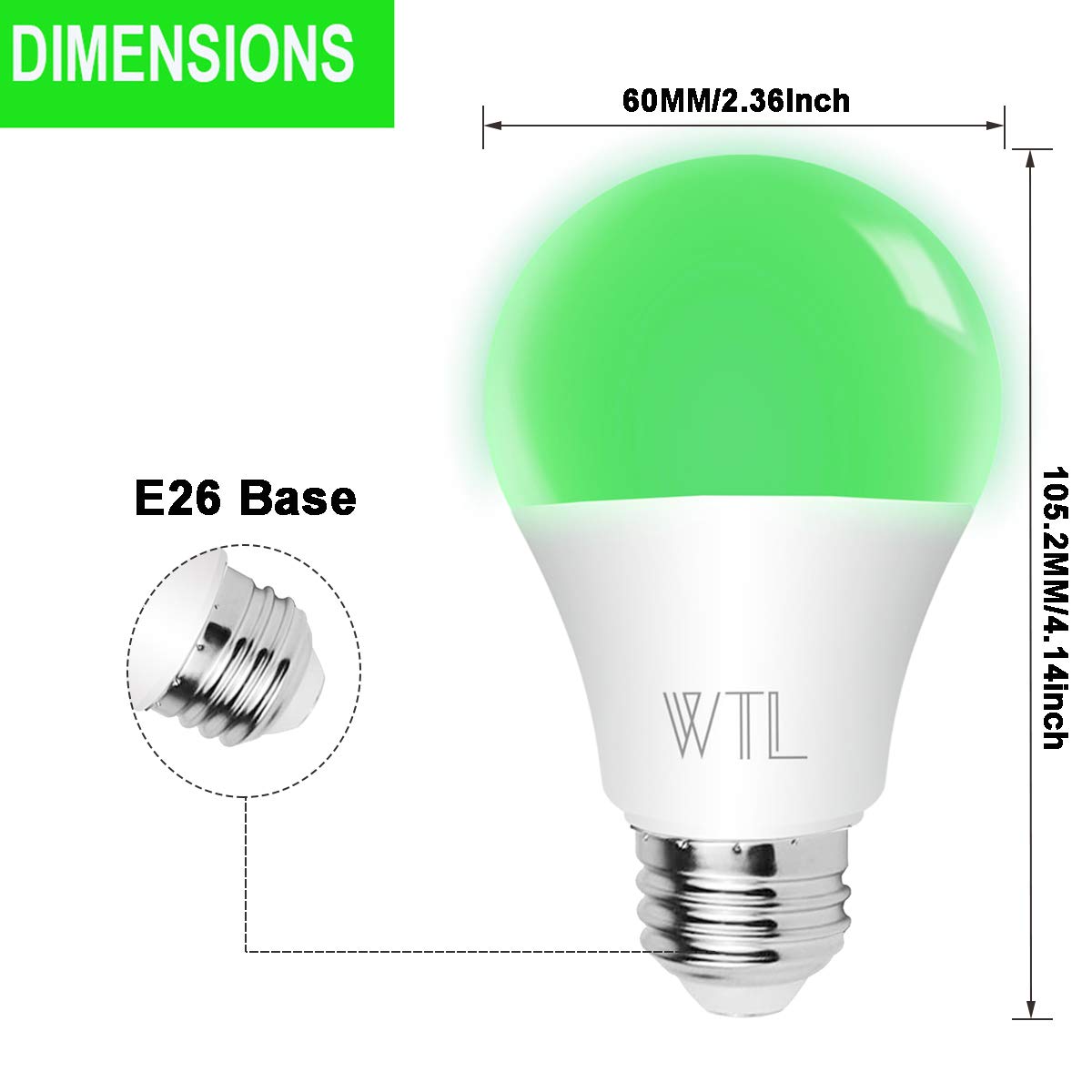 WTL A19 Green Light Bulb, 60W Equivalent (9W), E26 Base Led Bulb for Party Holidays Decoration,Home Lighting,Porch - 2 Pack