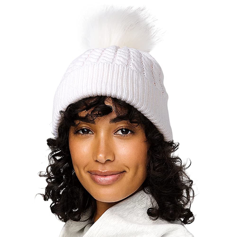 Womens Winter Satin Lined Beanie Hat Cuffed Cable Knit Detachable Faux Fur Pompom Silky Lined Warm Cap White
