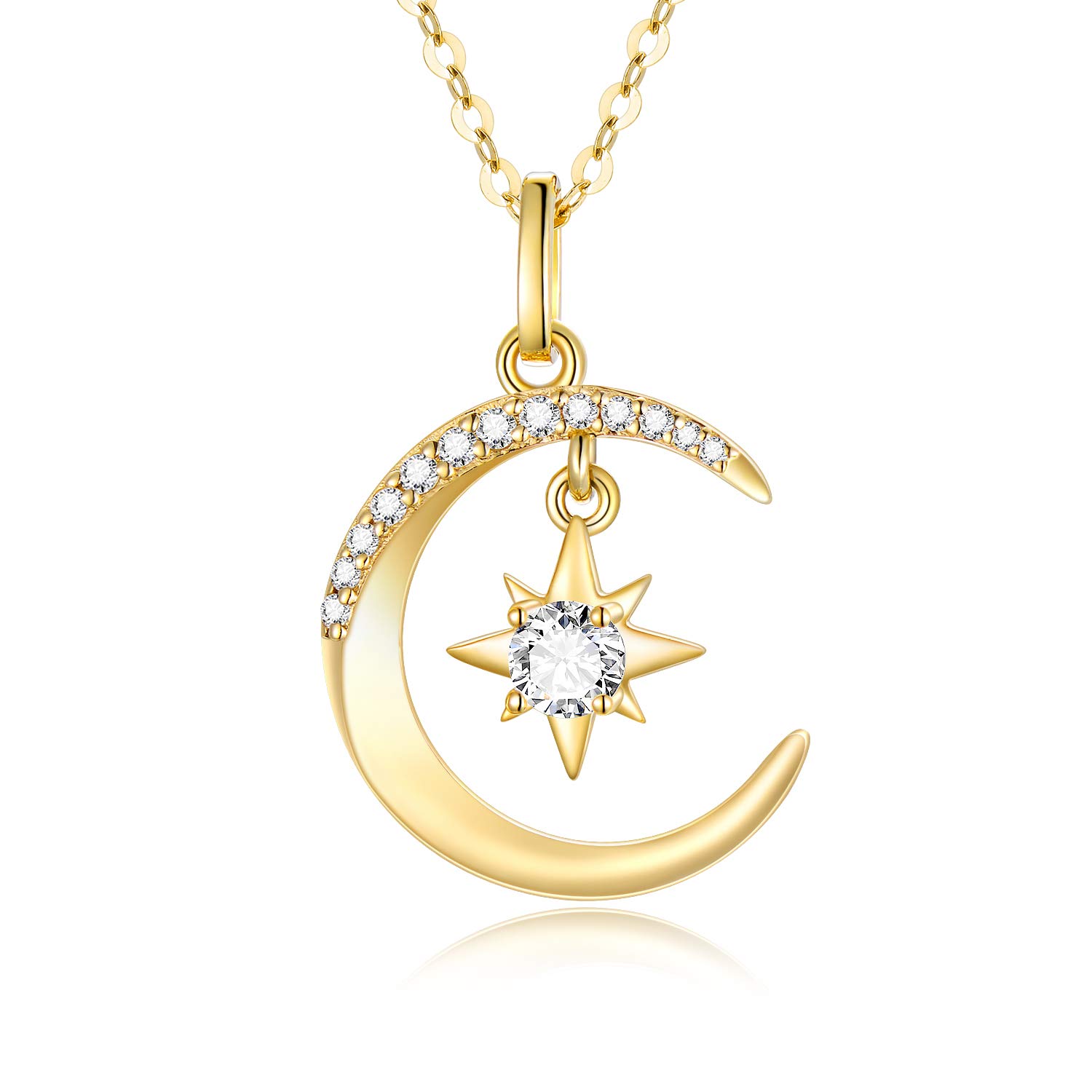 SISGEM 14k Gold Moon Necklace for Women, Real Gold Moon and North Star Pendant with Chain, Jewelry Gifts for Her, 16+1+1 Inch
