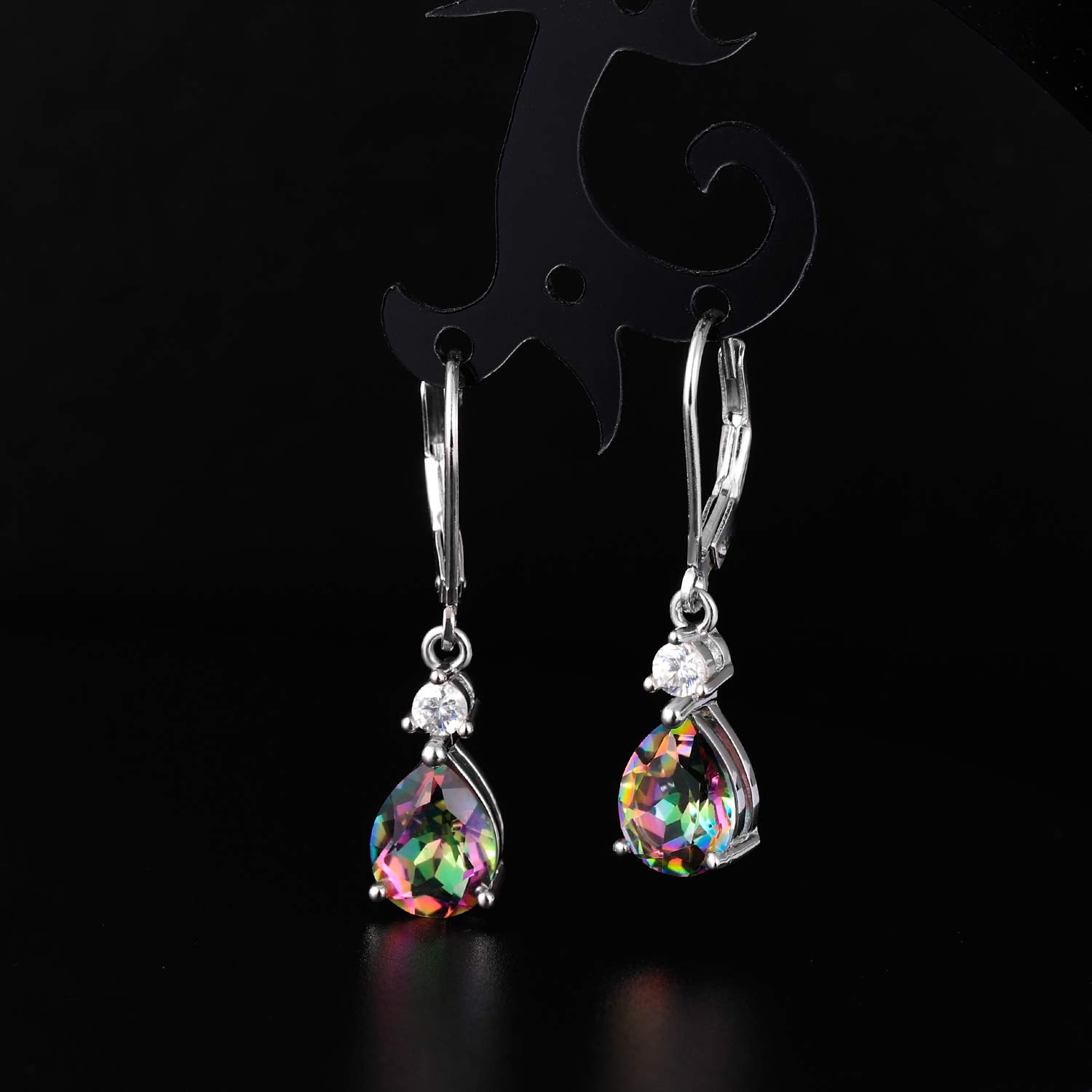 Teardrop Leverback Earrings 925 Sterling Silver Created Rainbow Quartz Mystic Topaz Drop CZ Dangly Pear Earings Vintage Hypoallergenic Jewelry for Women