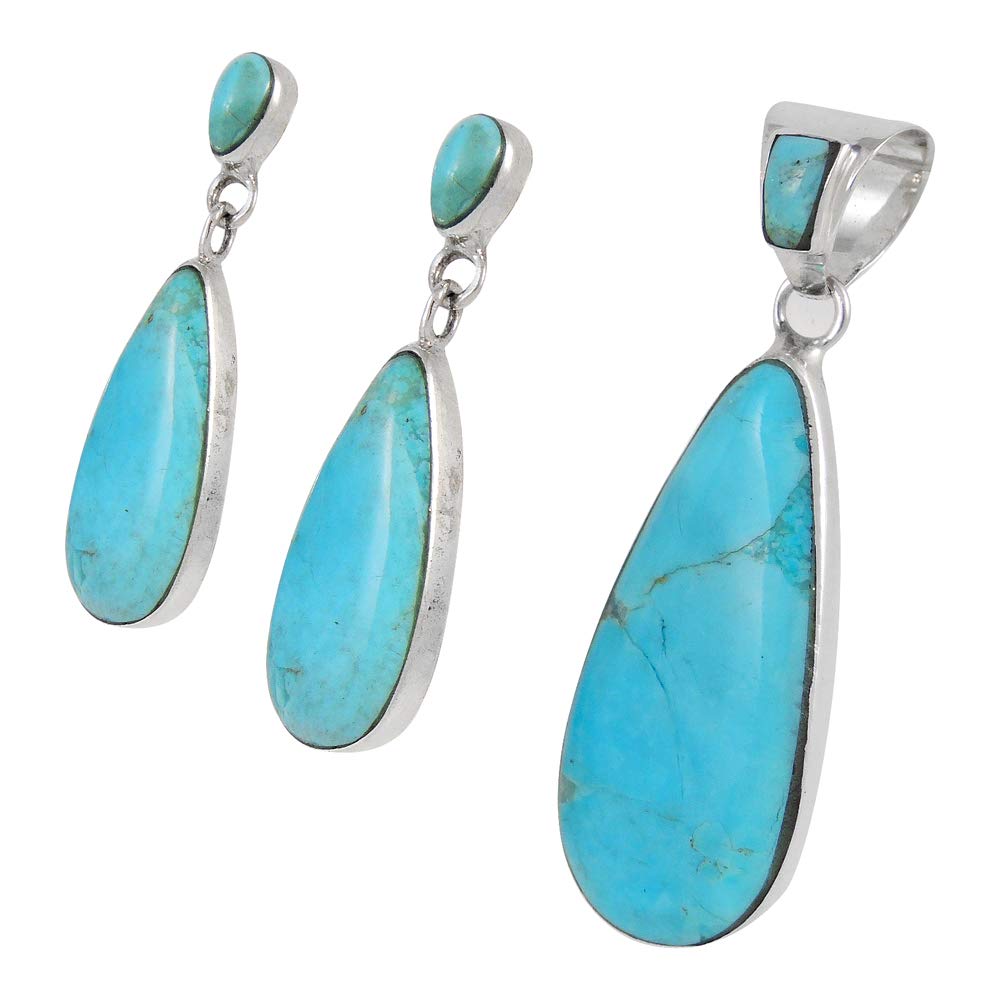 Turquoise Necklace & Earrings Set in Sterling Silver 925 with Genuine Turquoise (20” Chain)