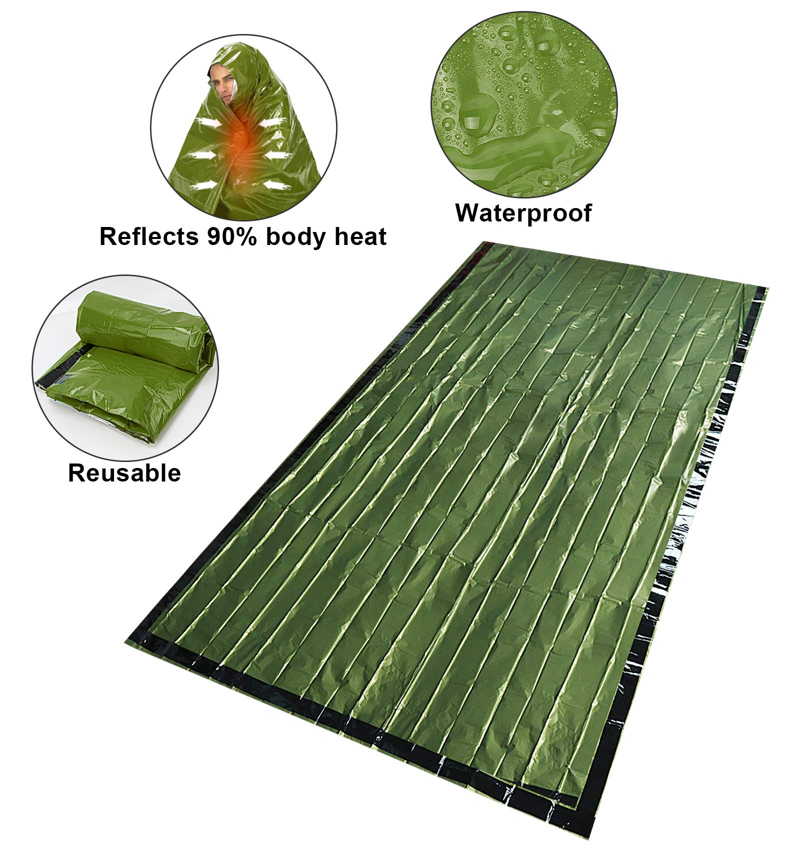 Timok Emergency Sleeping Bags Thermal-Emergency-Blankets 2 Packs Ultralight Space Blankets Survival Waterproof Outdoor Gear for Hiking, Camping, First Aid Kits, Green