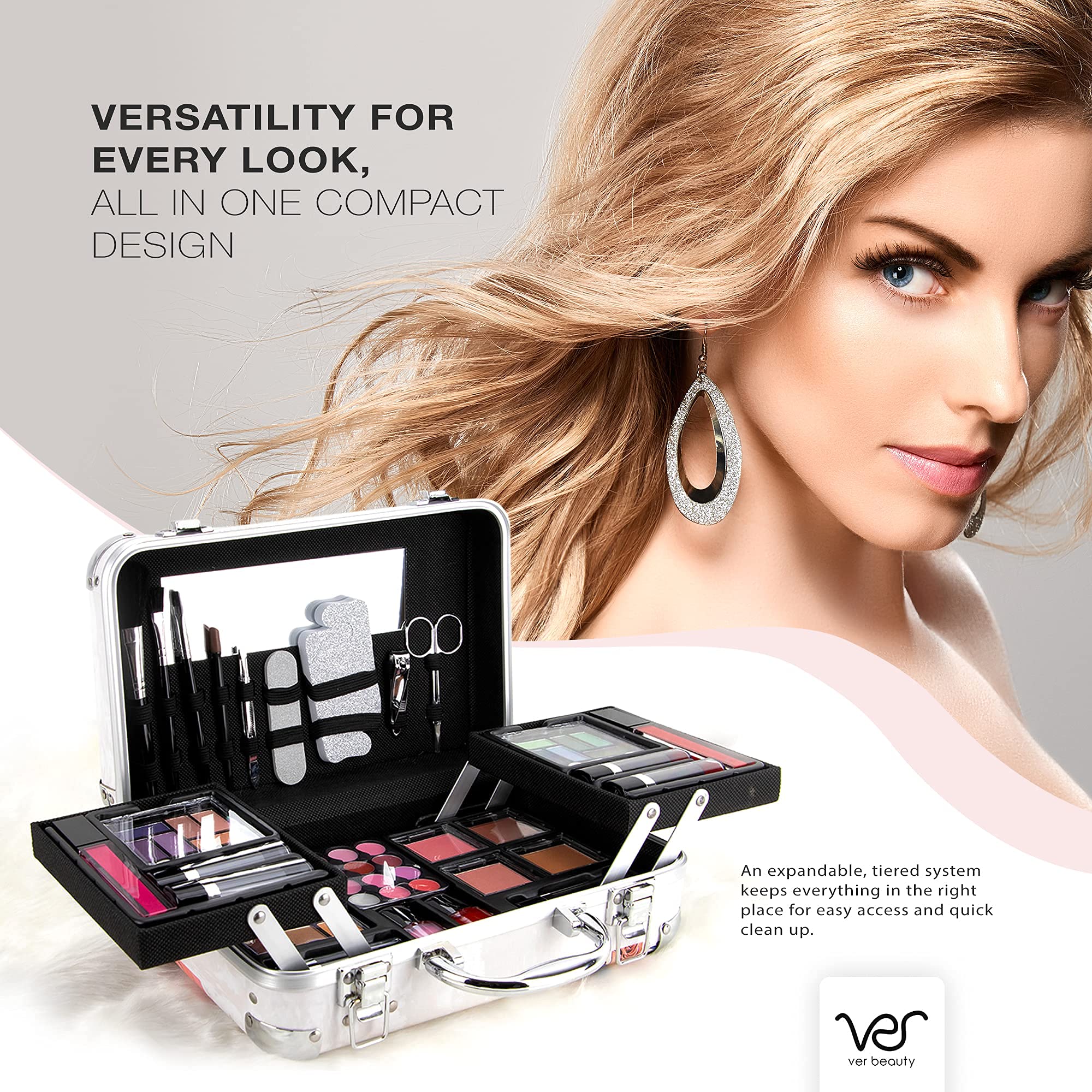 Ver Beauty Makeup Box with Makeup Included β Makeup Train Case with Travel Makeup Mirror β Professional Makeup Case Organizer with 2 trays β Perfect Cosmetic Organizer and Makeup Gift Set for Women