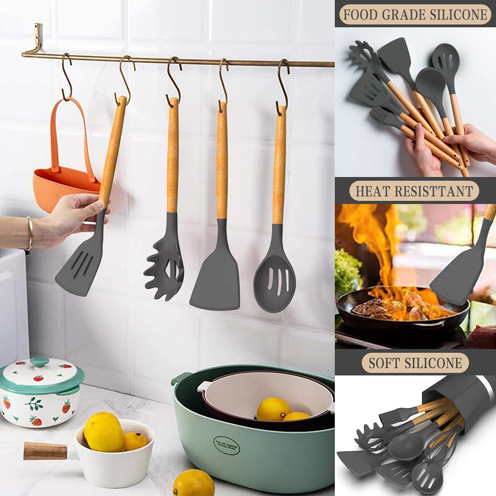 Silicone Cooking Kitchen Utensil Set, Umite Chef 34pcs Heat Resistant Kitchen Utensils with Holder, Kitchen Spatula Set with Wooden Handle, Kitchen Gadget Tools for Nonstick cookware-Grey(BPA Free)