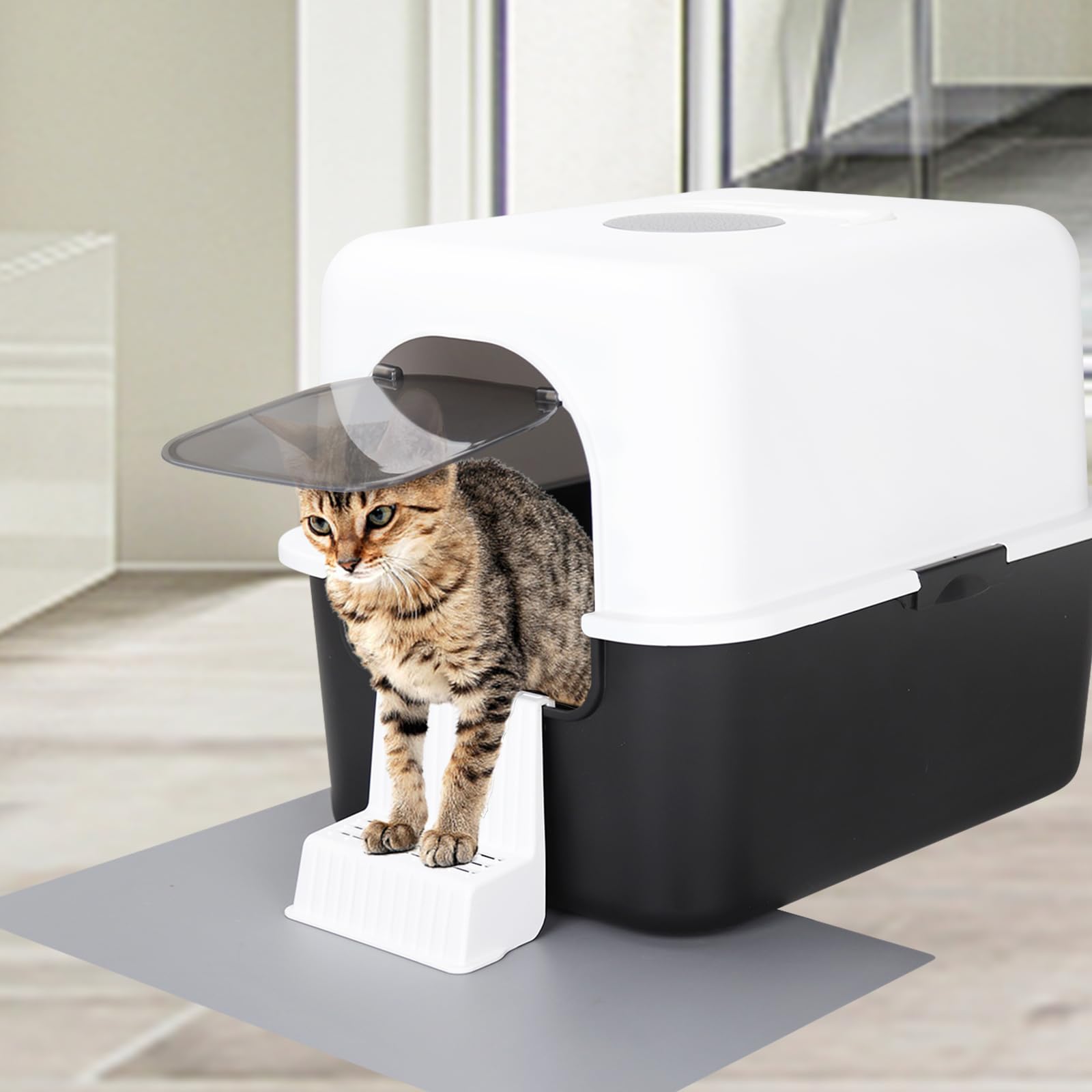 Sfozstra Cat Litter Box with Lid, Fully Enclosed Splash-Proof and Leak-Proof Urine Litter Box, High Edge and Odorless Cat Litter Box, Easy to Installation and Clean (Gray with Handle(L)