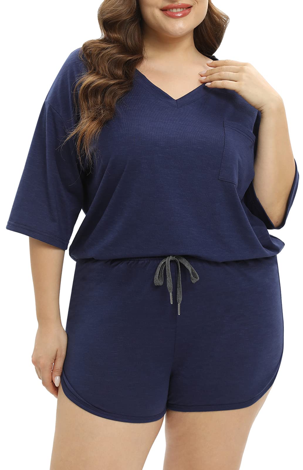 Women's Plus Size Short Pajama Set 2-Piece Pajamas Sets Shorts Summer Soft Pj Set Summer Lounge Set Sleepwear Navy