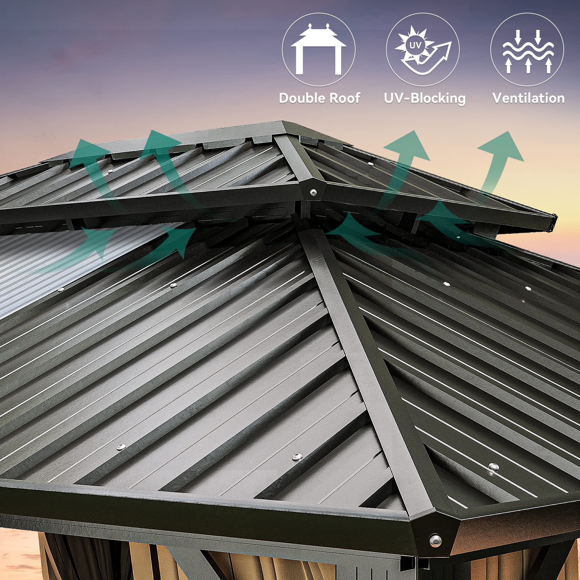 YITAHOME 10x12FT Gazebo Double Roof Skylight Canopy Galvanized Iron Hardtop with Netting and Curtains Outdoor Aluminum Frame Garden Tent for Patio, Backyard, Deck and Lawns