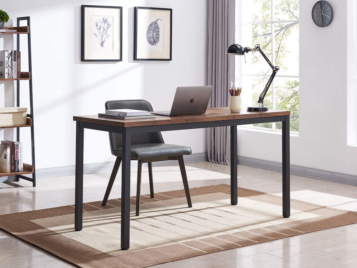 Vinext Computer Desk 55'', Industrial Home Office Desks, Study and Work Desk, PC Laptop Table, Dining Table, Black Metal Frame, Rustic Brown