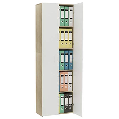 vidaXL Office Cabinet/Storage Cabinet with 5 Shelves Utility Storage Cabinet with 2 Doors for Home Office, White and Sonoma Oak 23.6"x12.6"x74.8" Chipboard