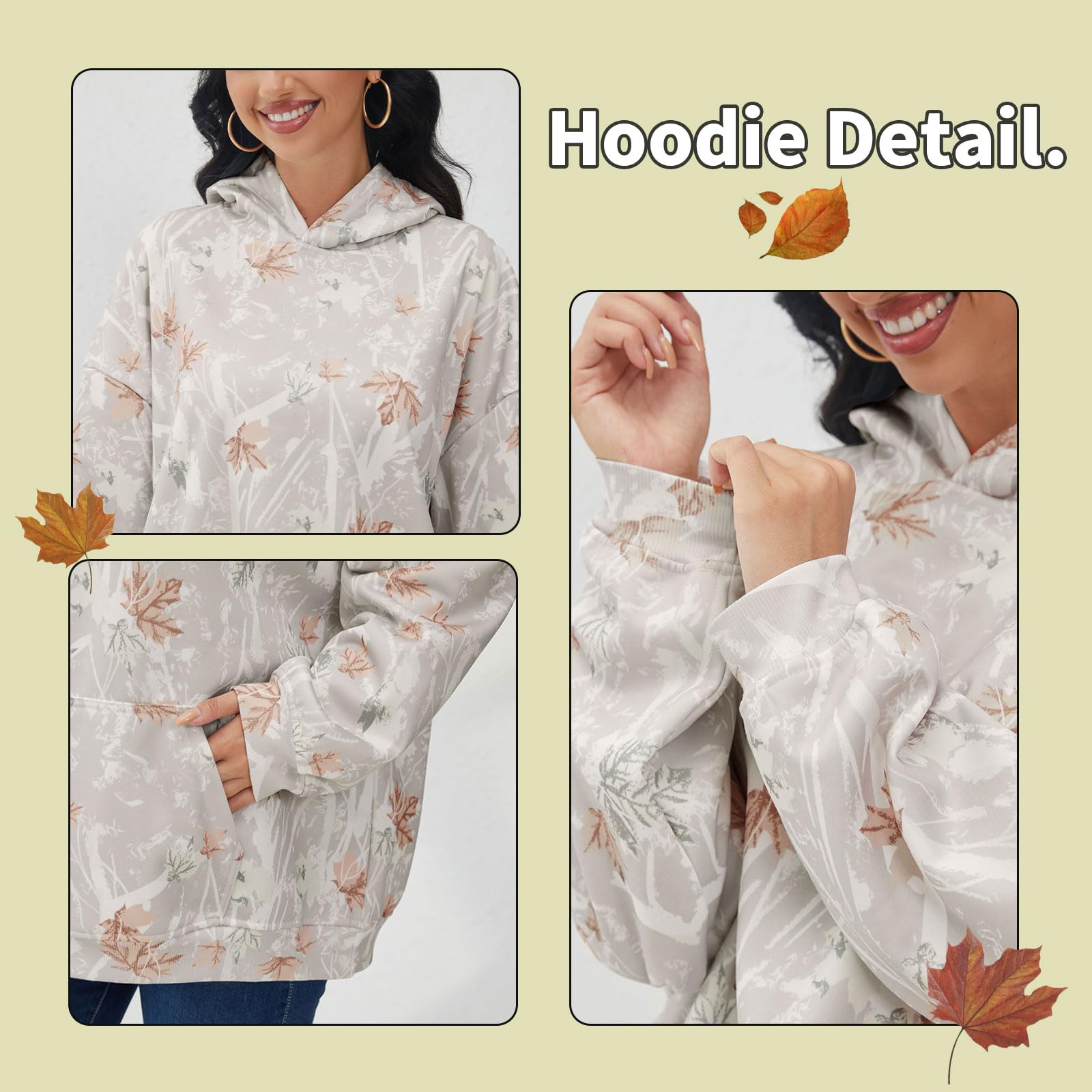 Womens Camo Hoodies Maple Leaf Print Oversized Sweatshirt Fleece Pullover Sweatshirts Long Sleeve with Pocket Fall Outfits