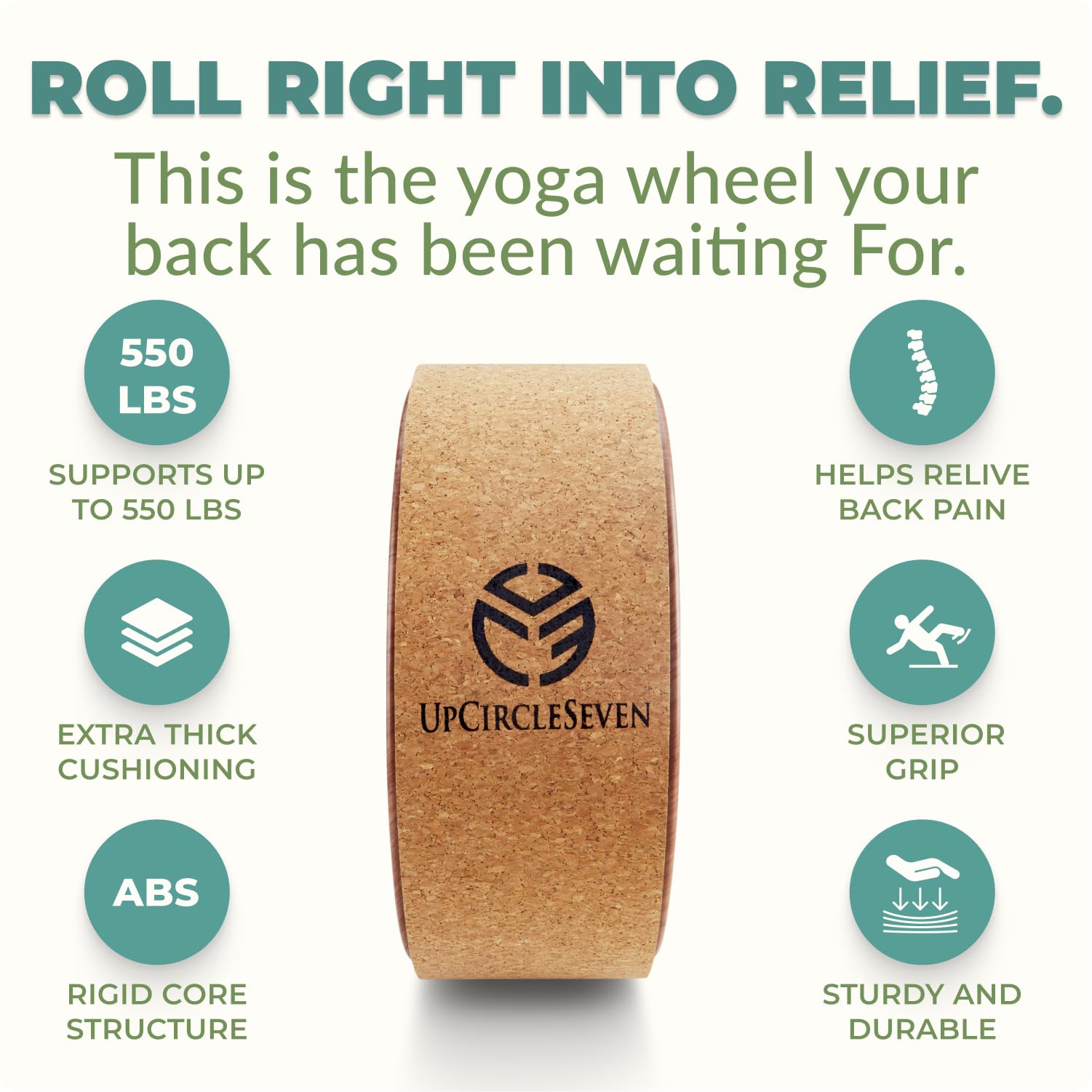 UpCircleSeven Yoga Wheel for Back Pain - Deep Tissue Massage - Yoga Back Roller Wheel for Back Pain Relief Stretching Myofascial Release Mobility (Cork, 12)