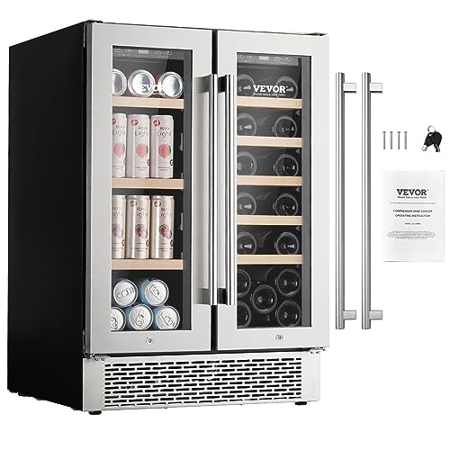 VEVOR Cooler Dual-Zone Beverage Refrigerator Built-in or Freestanding Wine Fridge & Blue LED Light, Tempered Glass Doors, Child Lock for Drink Soda, 81 Cans and 20 Bottles, Black, Silver