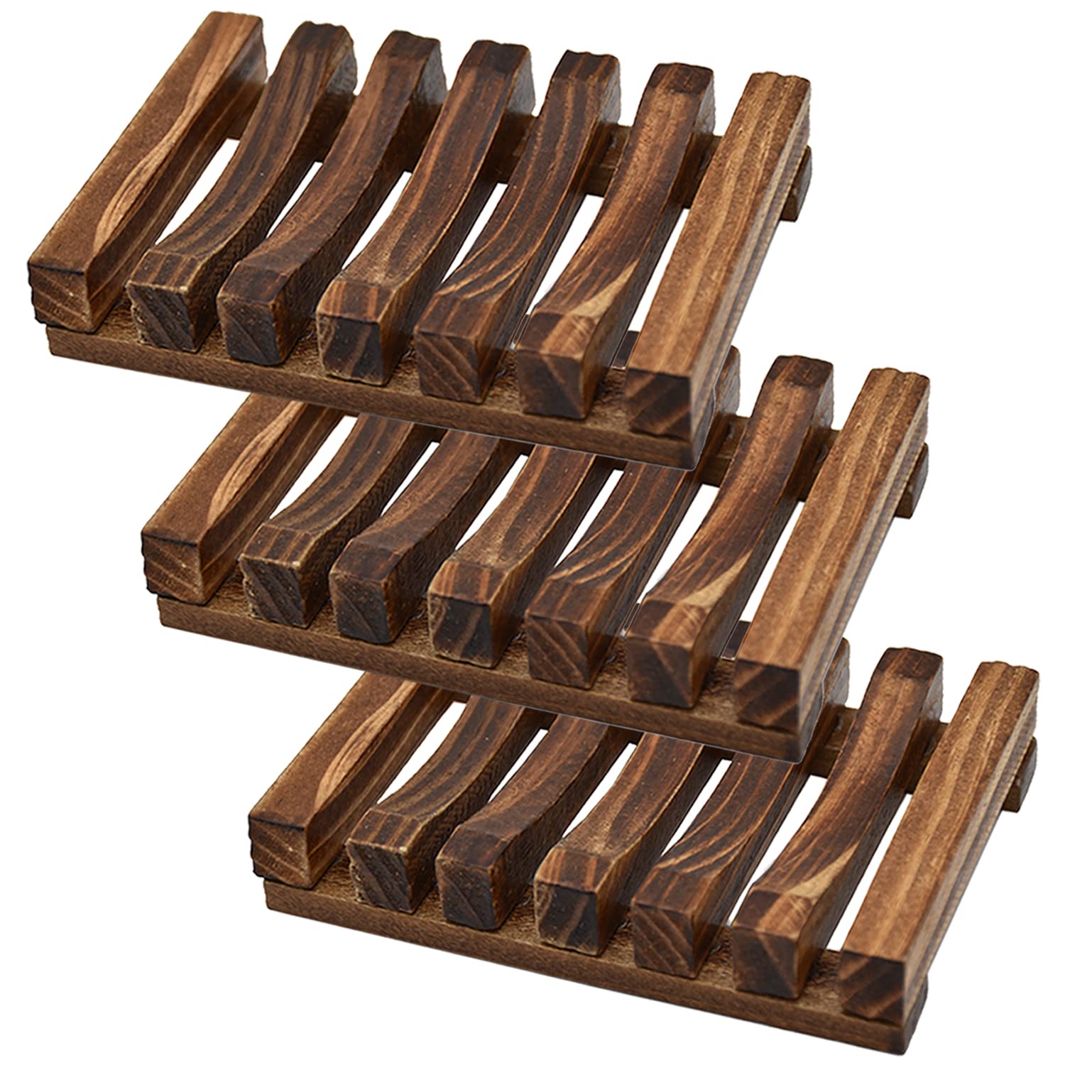 Self Draining Soap Dish Holder/ Tray, 3 Pcs Natural Wooden Soap Saver, Soap Case for Shower, Bathroom, Extend Soap Life, Keep Soap Bars Dry Clean & Easy Cleaning(Charcoal)