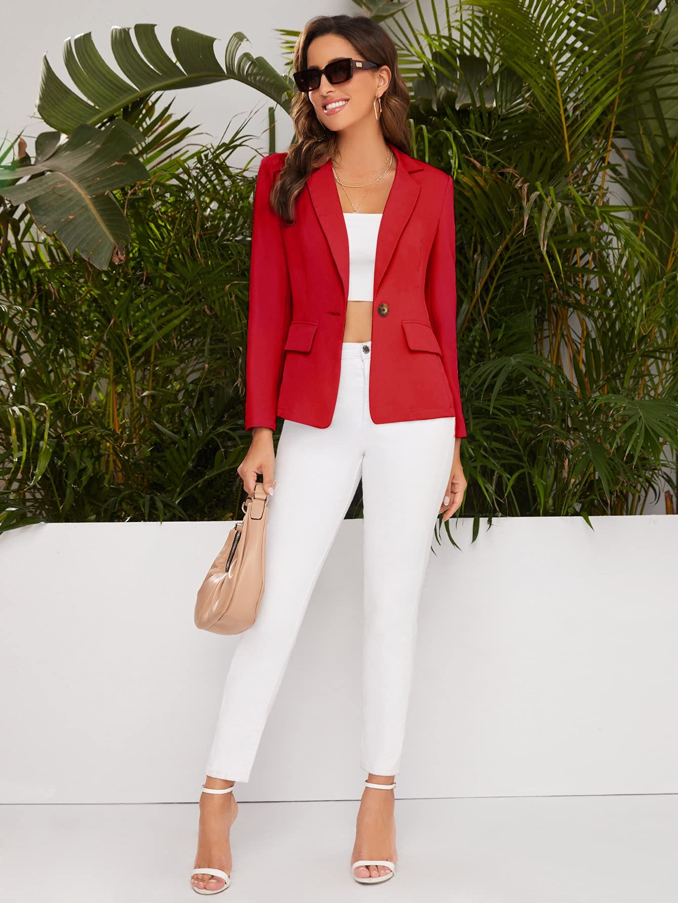 WDIRARA Women's Casual Long Sleeve Blazer Lapel Business Work Dress Jackets Red XS
