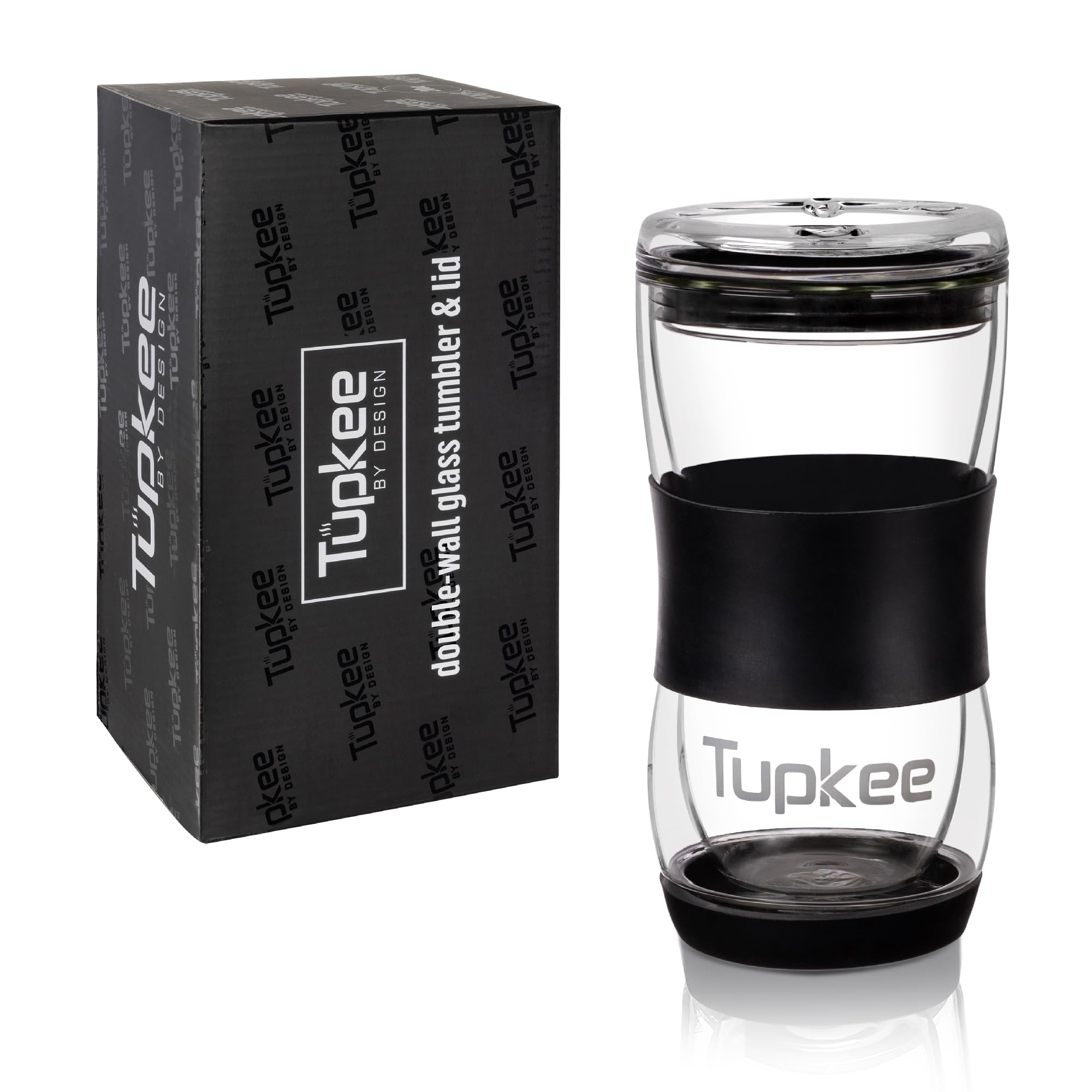 Tupkee 20 oz Double Wall Glass Tumbler With Lid – All Glass Reusable Insulated Hand Blown Glass Travel Mug - For Coffee, Tea, Boba, Iced Coffee, and Smoothie Cup To Go – Black