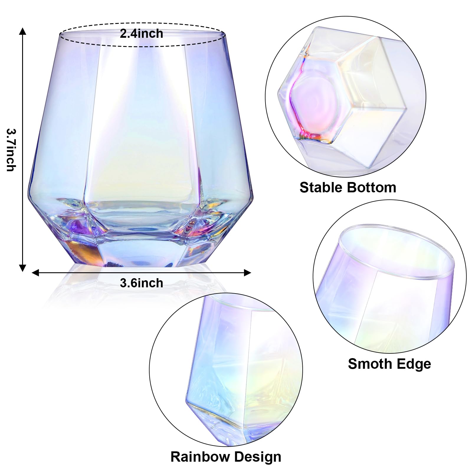Tioncy 24 Pcs Diamond Stemless Wine Glass 10 oz Iridescent Wine Glass for Cocktail, Whiskey, Bourbon Modern Rainbow Wine Glasses Gift for Serving Party, Home, Bar