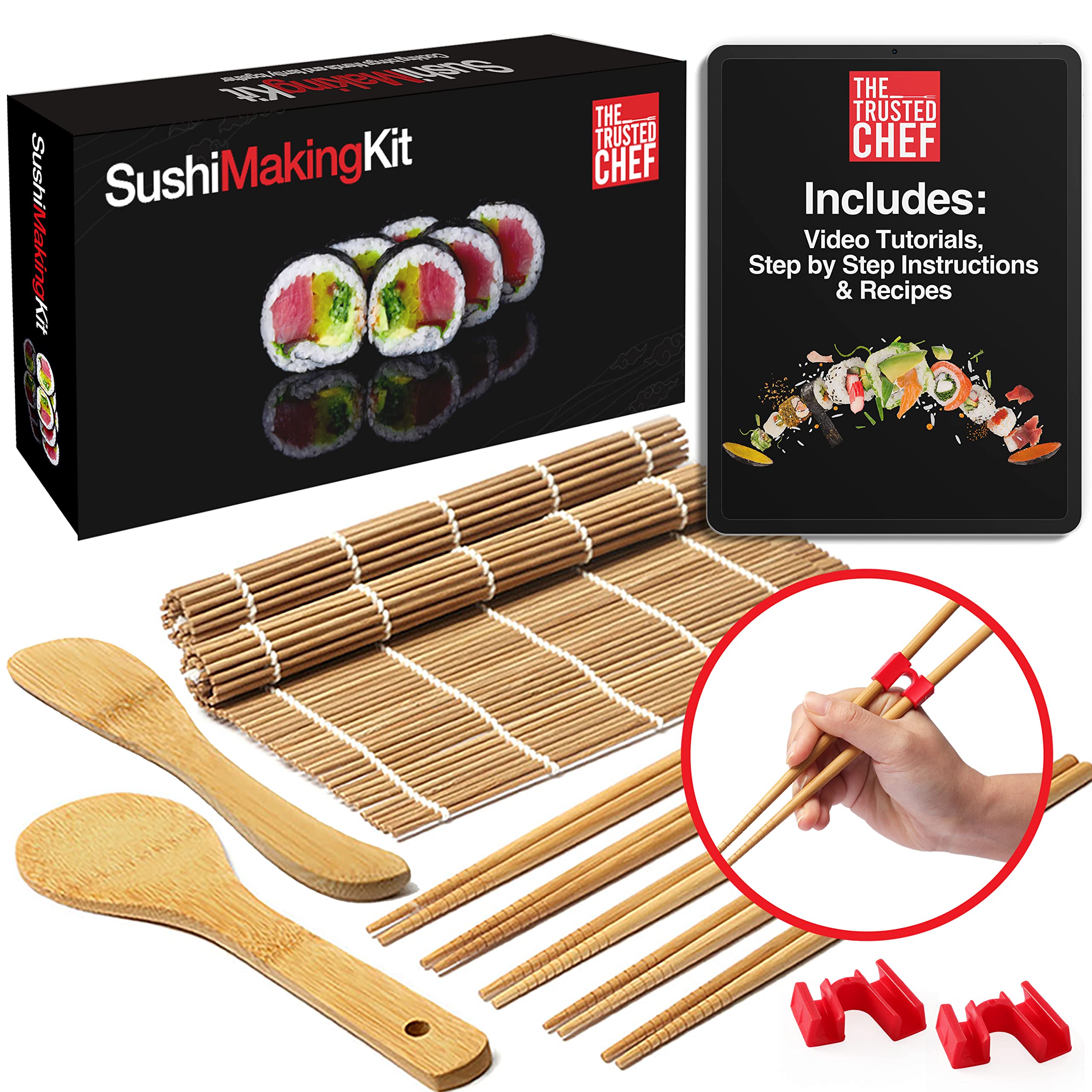 Sushi Making Kit β The Trusted Chef Traditional Sushi Kit comes with-bamboo sushi rolling mats, chopsticks and step by step instructions, videos & Sushi recipes to get you started.