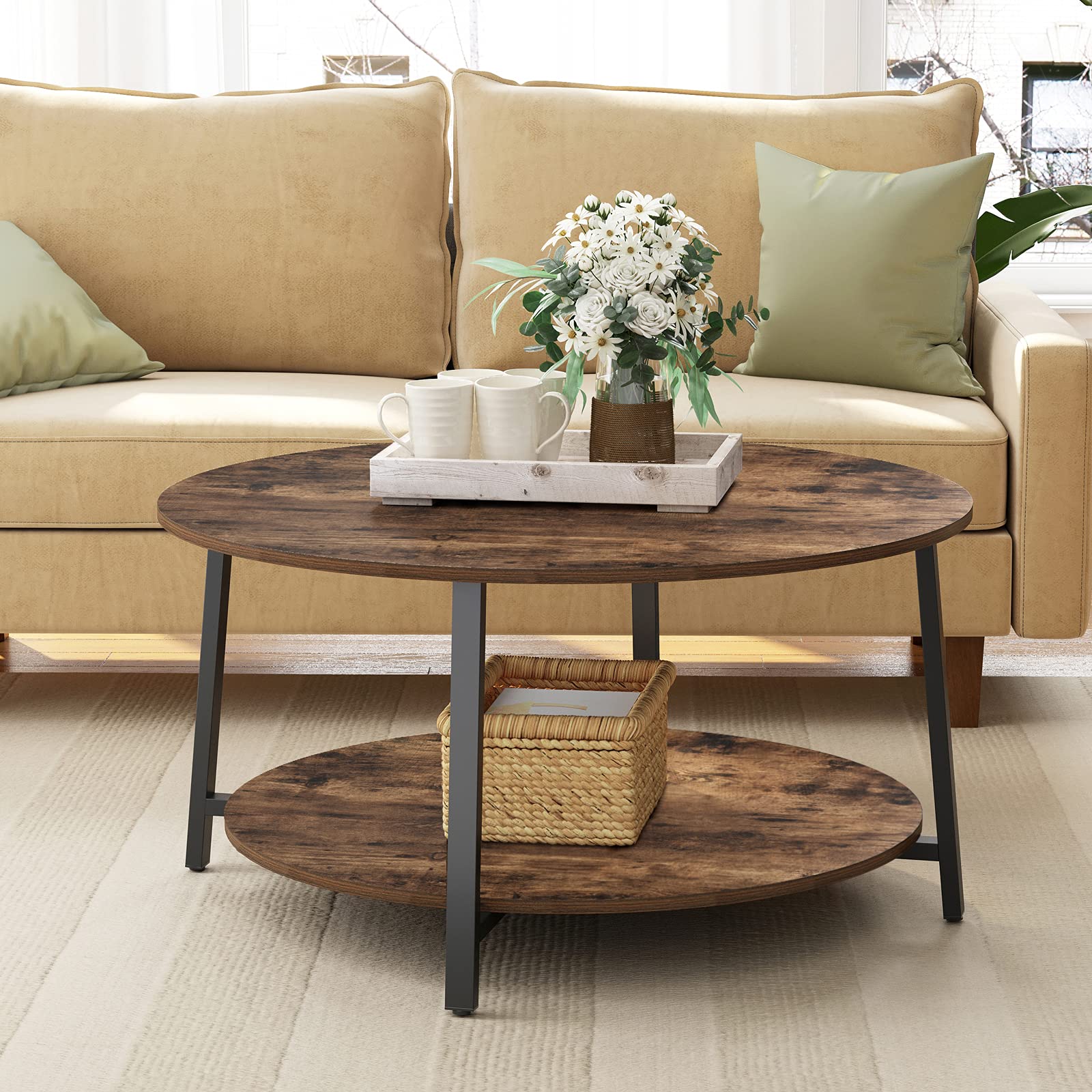 Snughome 35.4’’ Round Coffee Table, 2-Tier Industrial Design Furniture Sofa Table with Storage Open Shelf and Sturdy Metal Legs for Living Room, Wooden Surface Tabletop & Rounded Edges, Rustic Brown