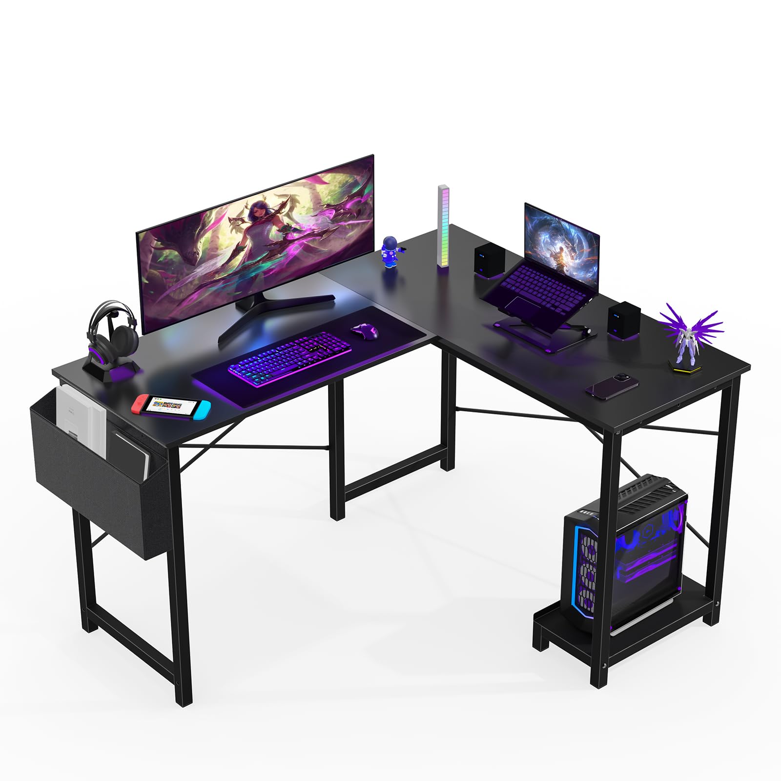 Sweetcrispy Computer Desk L Desk Corner Table Gaming Desk PC Table with CPU Stand Side Bag for Home Office Dorm Sturdy Writing Workstation, Black, 50 Inches