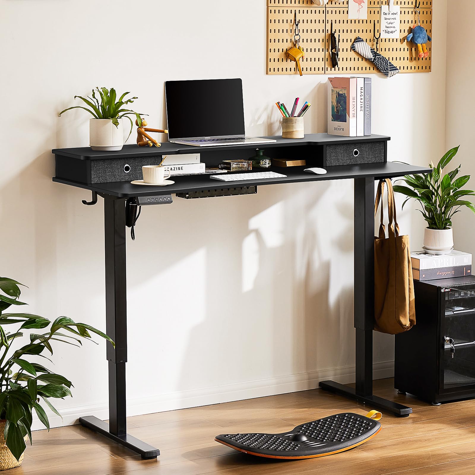 Sweetcrispy Electric Standing Desk with Double Drawer - 48 x 24 inch Adjustable Height Sit to Stand Up Desk with Storage Shelf, Rising Home Office Computer Table with Splice Board