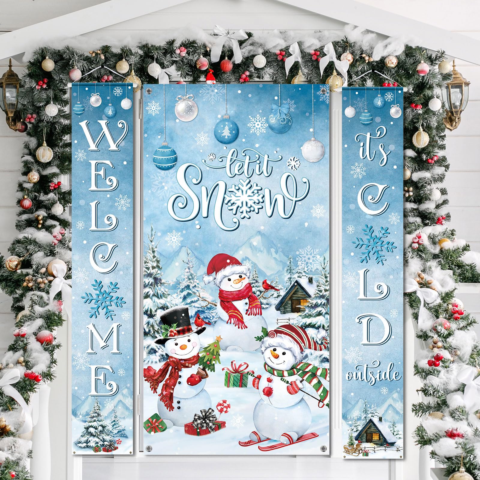 WovWeave 3 Pcs Christmas Snowman Door Cover Decorations Winter Snowflake Door Banner Let It Snow Welcome Porch Sign Holiday Hanging Backdrop for New Year Indoor Outside Front Door Party Supplies