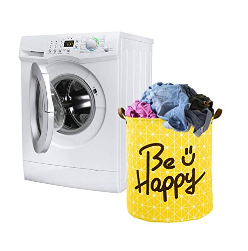SDAIGC Collapsible Unicorn Laundry Basket, Blondie Canvas Waterproof Round Storage Hamper, Clothes Toys Organizer Basket, Cute Kids Gift Basket (Yellow Happy)