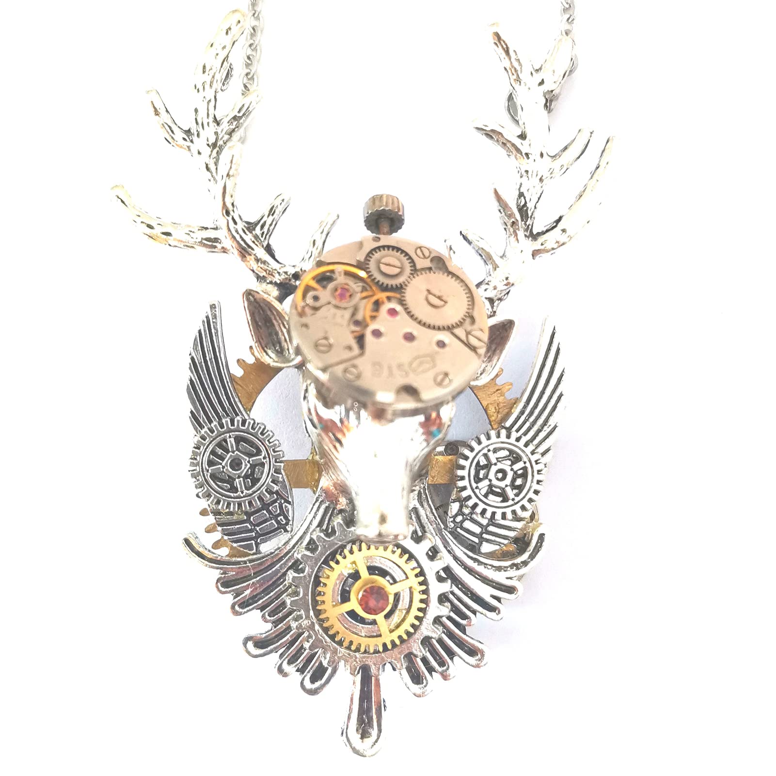 Steampunk Gothic Handmade Deer Elk Antler Mechanical Watch Movements Double Use for Brooch Pin and Necklace Pendant