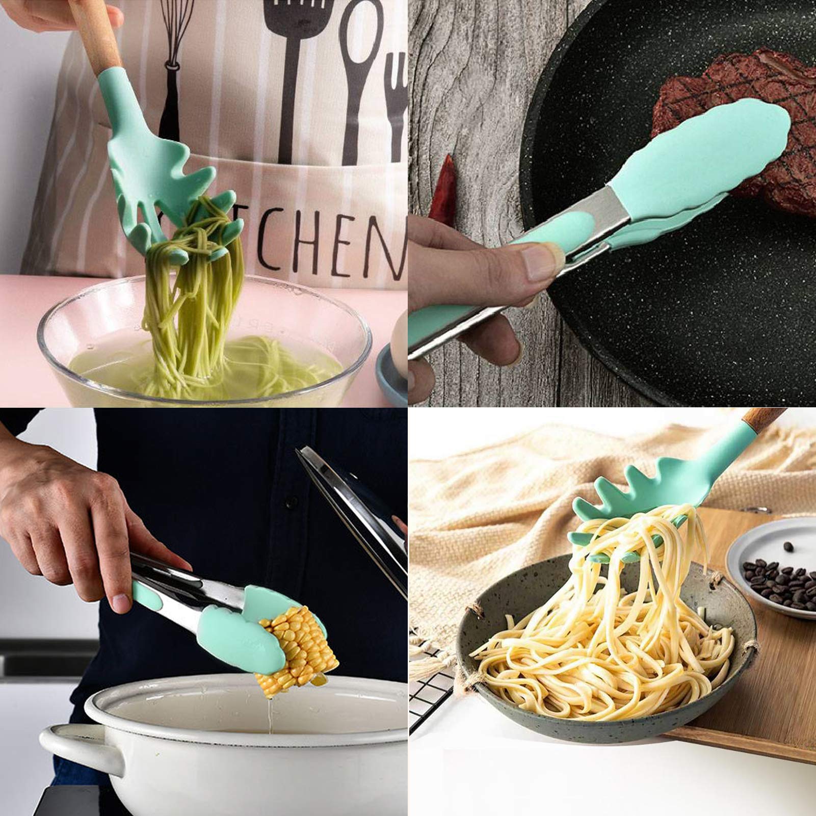 Silicone Pasta Fork, Kitchen Tong, 12.5 Inch Pasta Spoon and 10.6 Inch Spaghetti Pasta Tong Spaghetti Server Set, Best Heat Resistant Serving Kitchen Baking Cooking Tools 2PC