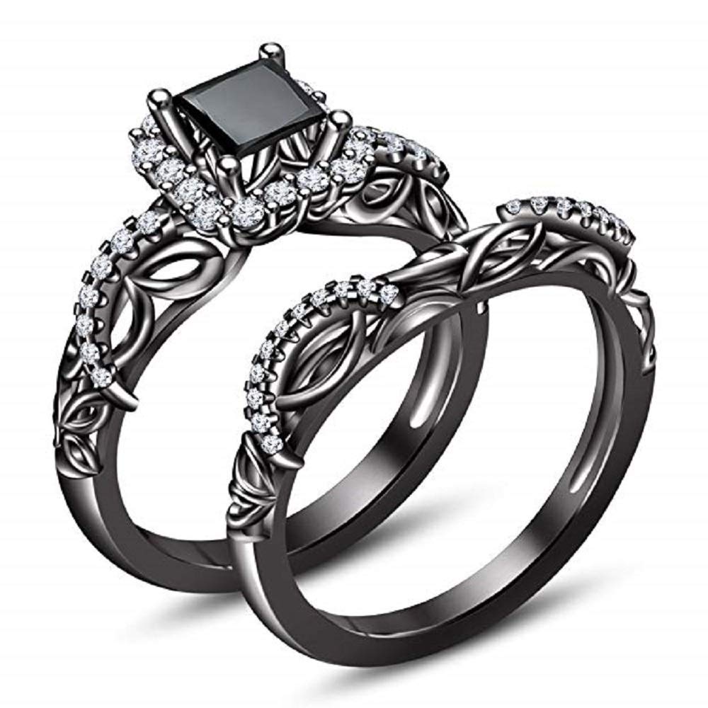 TVS-JEWELS Women's 2-pcs Bridal Engagement Ring Band Set Princess Cut Black Cubic Zirconia Comfort Fit (11)