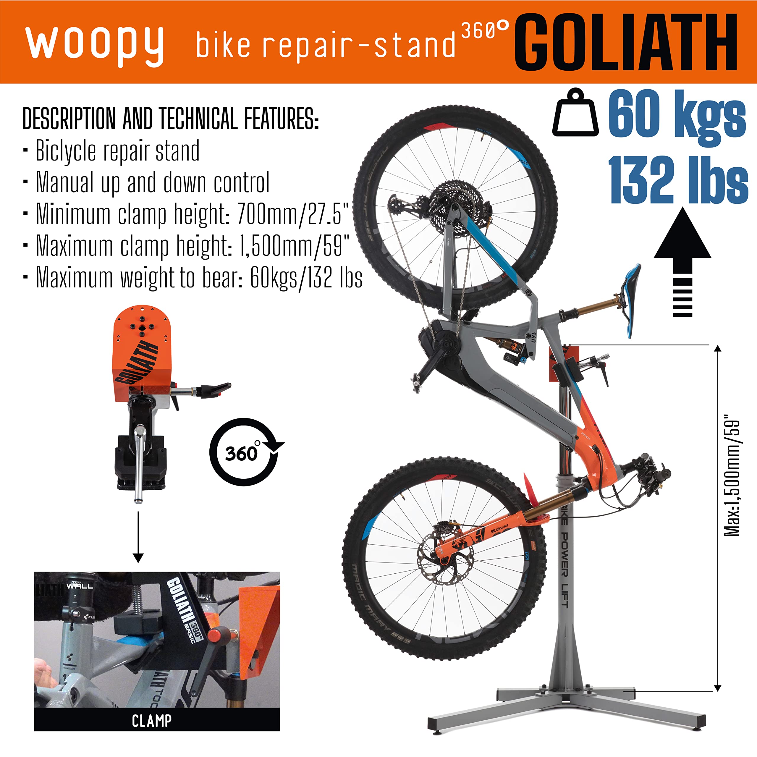 WOOPY Bicycle Repair Stand, Height Adjustable, Portable, for Bicycle Maintenance, Indoor or Outdoor Use, Max Load 132 lb, Goliath G2