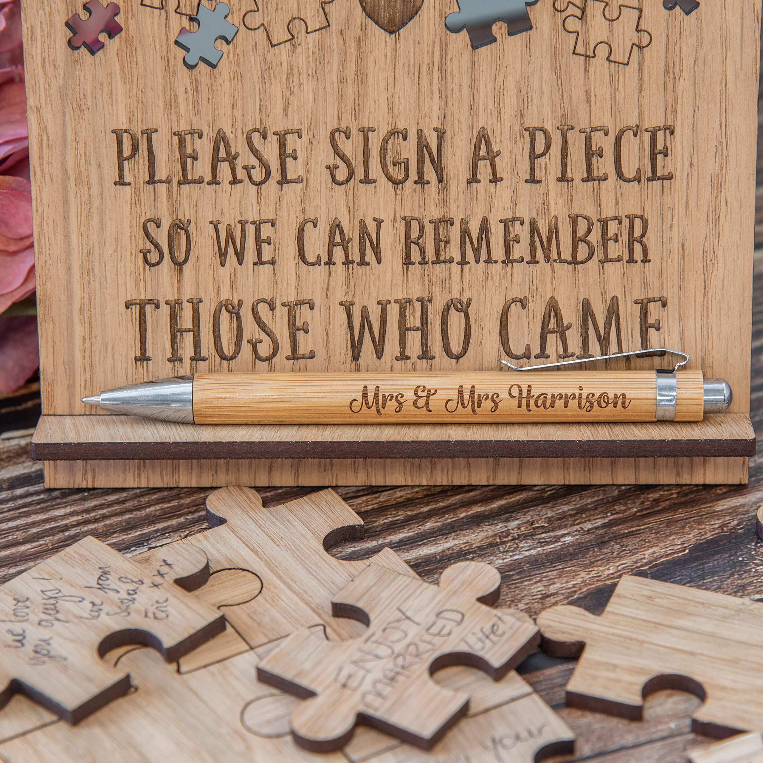 Wedding guest book alternative jigsaw puzzle personalized guestbook | laser engraved wooden pieces for party engagement reception anniversary (150 piece - Cursive Font)