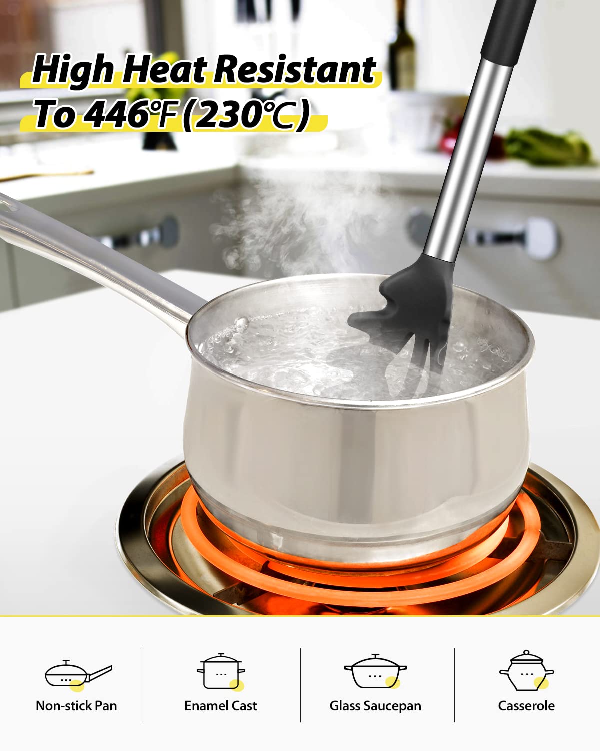Silicone Pasta Fork and Soup Ladle Set, Non-Stick BPA Free Heat-Resistant Handy Kitchen Utensils for Cooking, Serving, Draining, Stirring (Black)
