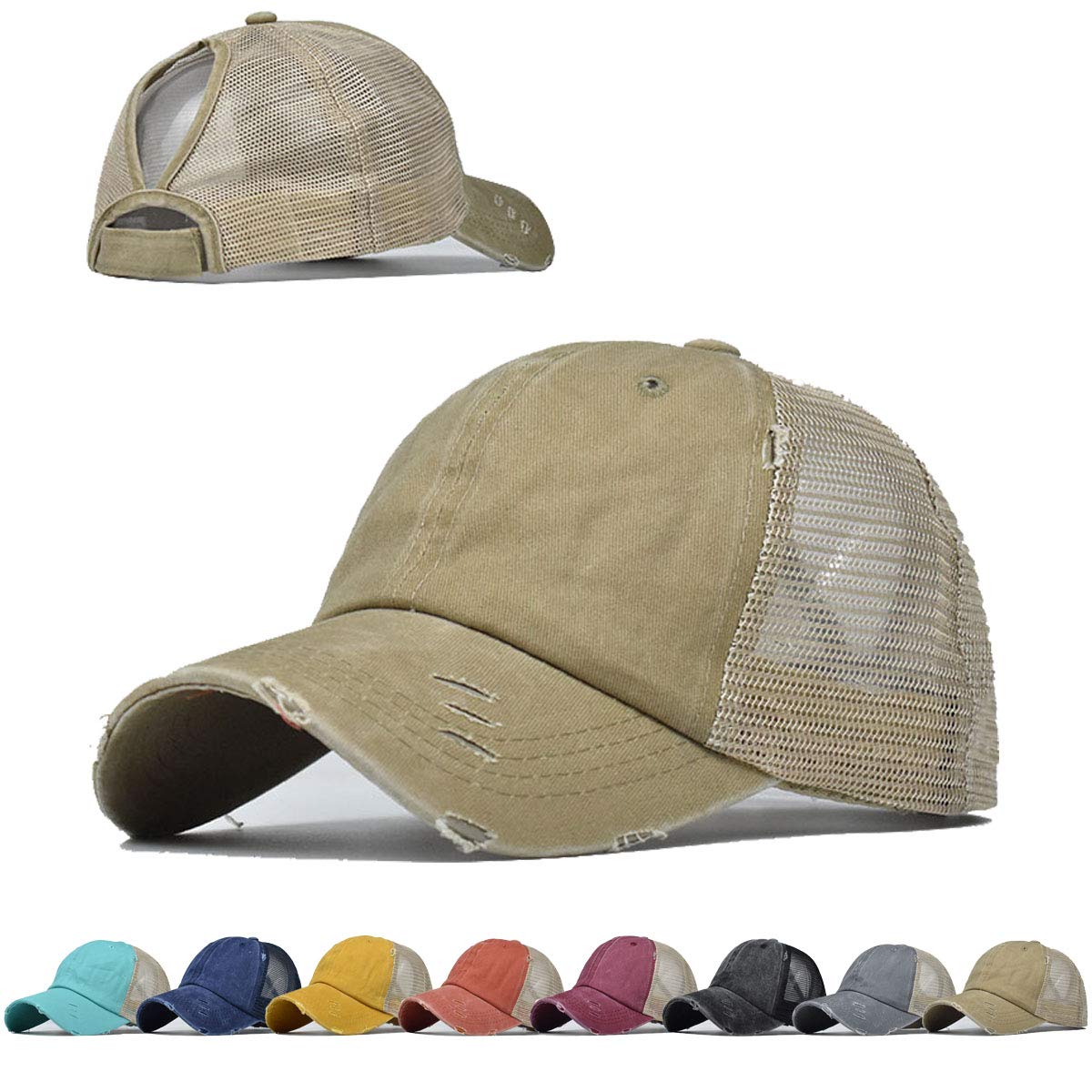 Vintage Ponytail Top Hats for Women Baseball Caps High Messy Bun Hat Ponycaps Adjustable Baseball Cap Mesh Back Trucker Hat (Beige)¡