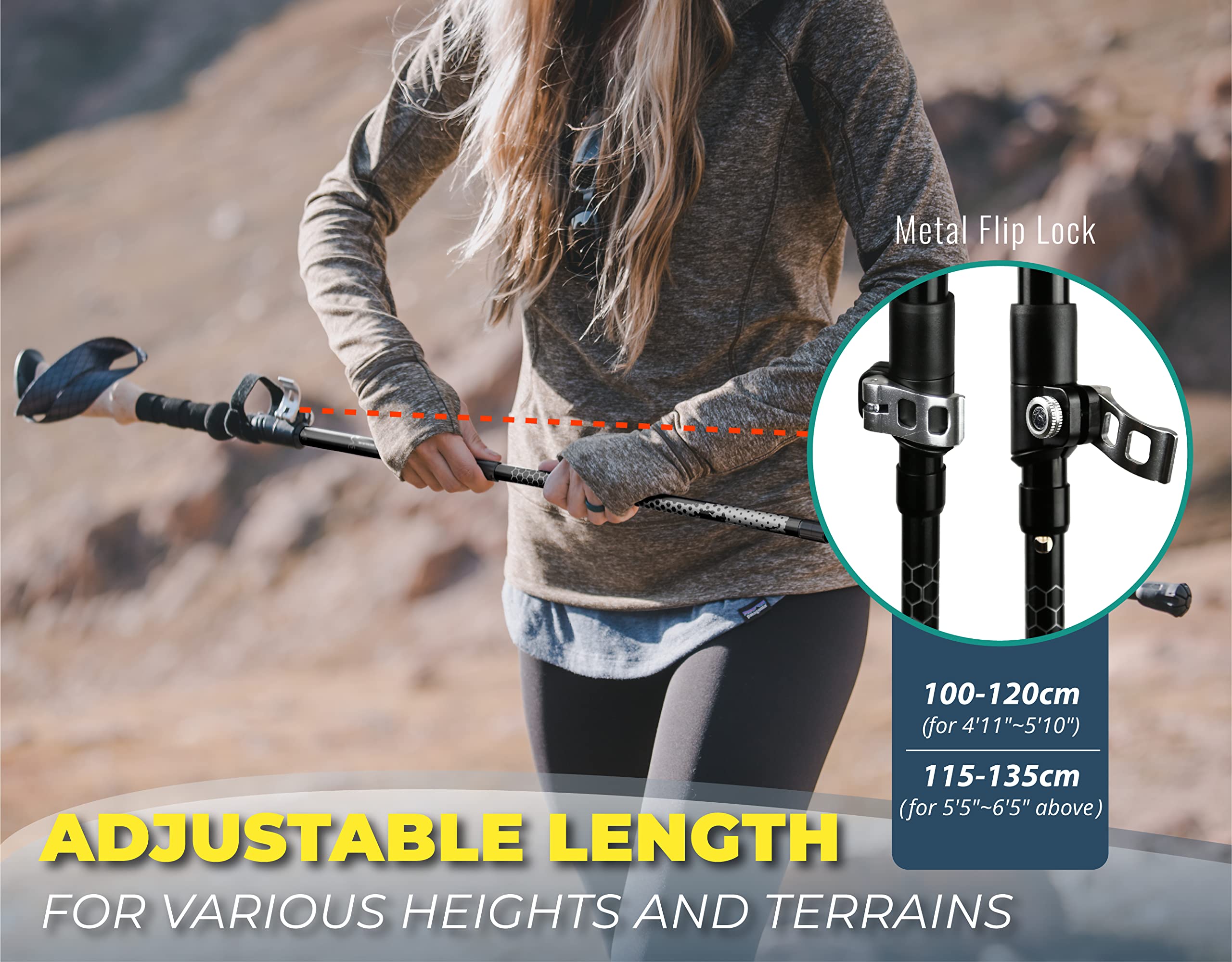 TREKOLOGY Trek-Z (Black 100-120cm) Trekking Hiking Poles / 6 pc Replacement Rubber Tips - Collapsible Folding Walking Sticks,Adjustable Quick Flip-Lock, Foldable Trekking Poles for Hiking.