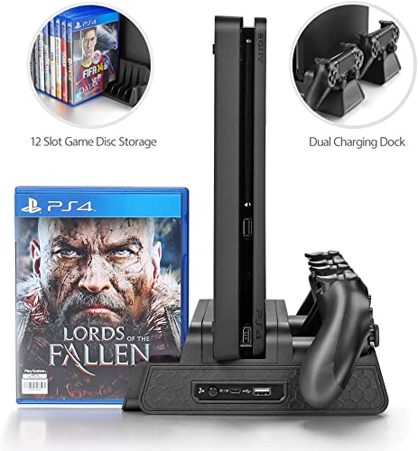 URWOOW Vertical Stand for PS4/PS4 Slim/PS4 Pro - Cooling Fan with PS4 Charger Controller Charging Station with Game Storage (Black)