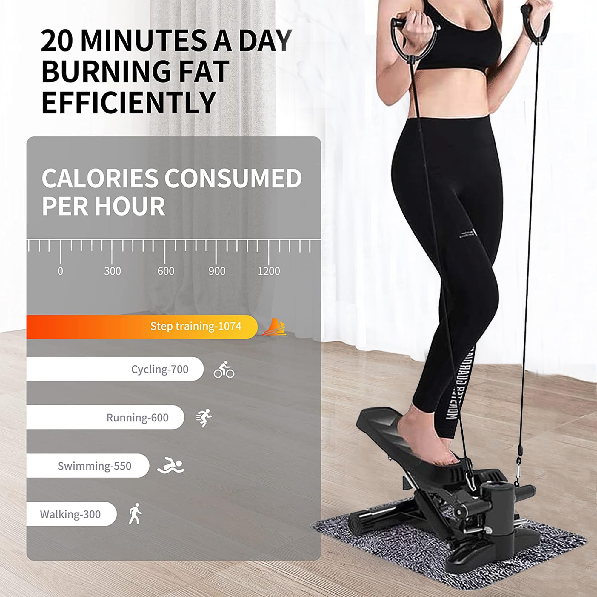Steppers for Exercise, Mini Stair Stepper with Resistance Bands & Calories Count, 330lbs Weight Capacity Quiet Fitness Stepper for Home Office Workout, Legs Arm Full Body Training (Grey)