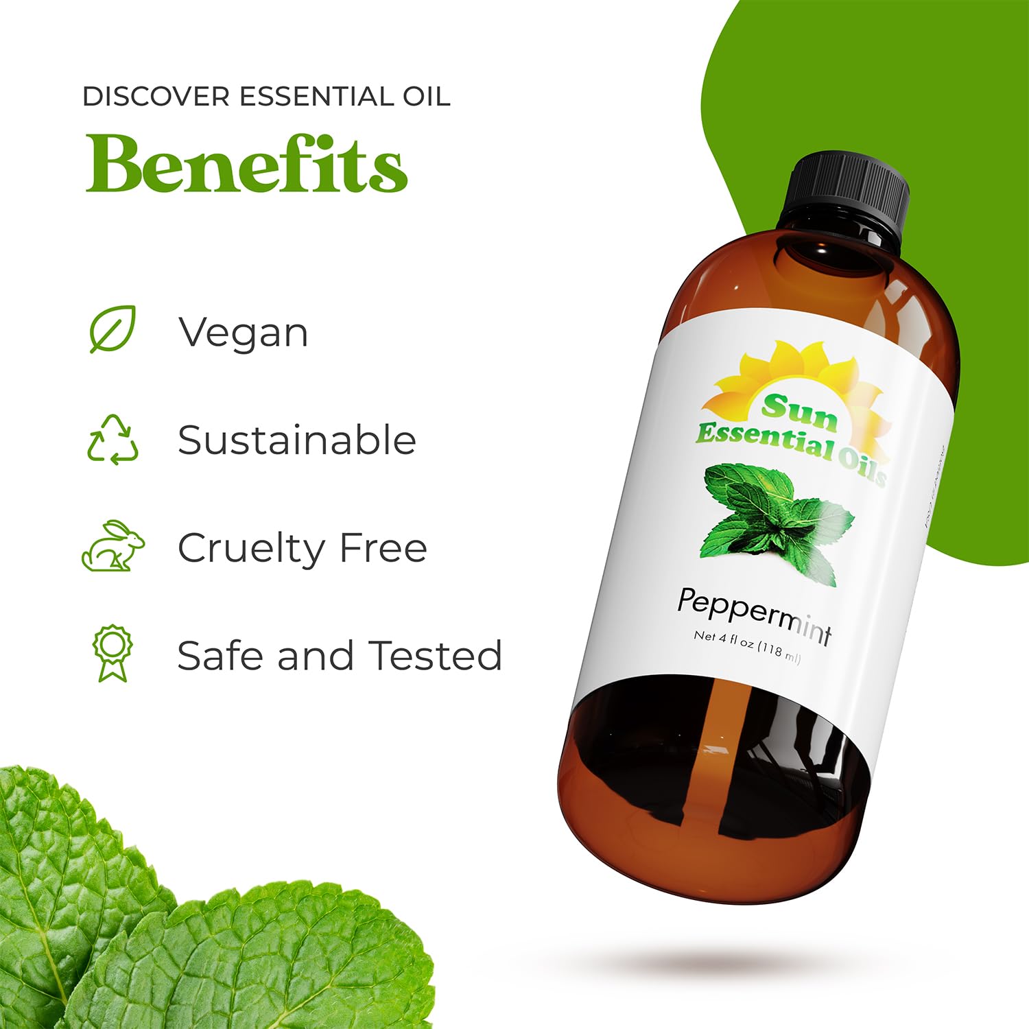 Sun Essential Oils - Peppermint 4oz Bottle for Diffuser, Humidifier, Aromatherapy, Personal & Home Care - Therapeutic Grade Peppermint Essential Oil - Peppermint Fragrance Oil for Candle Making